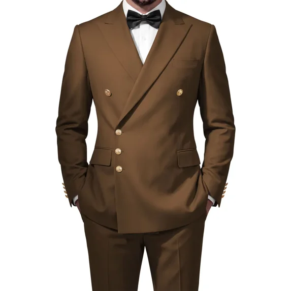 Brown Men's 2 Piece Suits Classic Fit Gold Button Dress Suits Tuxedo ...