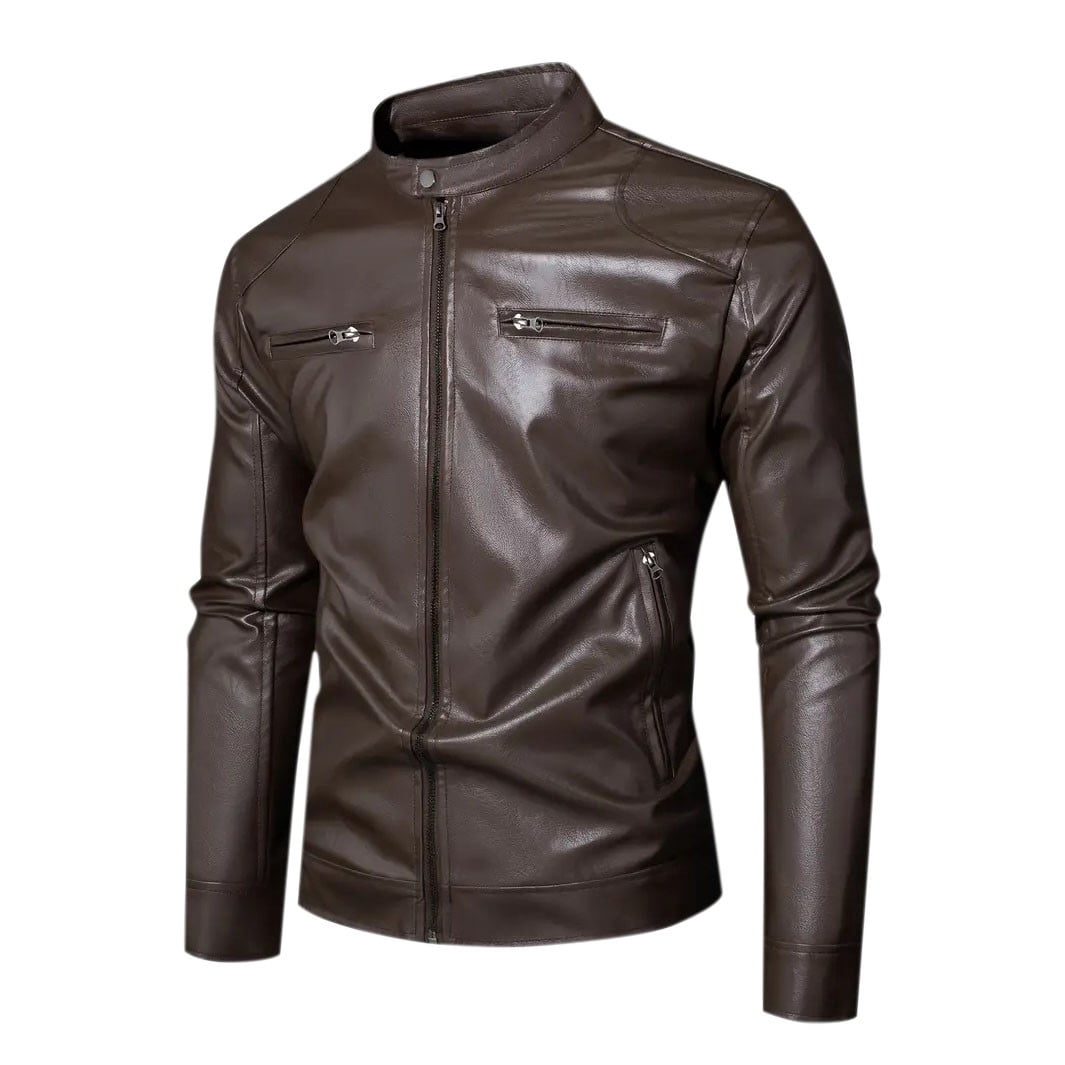 Brown Mens Collared Neck Faux Leather Zip Up Jacket Coat for Man Long ...
