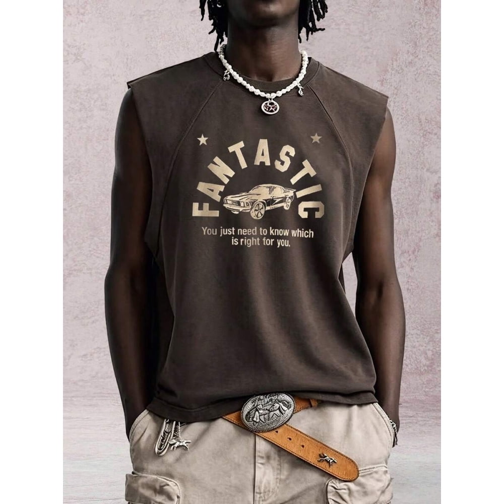 Brown Mens Letter Print Round Neck Raglan Sleeveless Vest For Daily ...