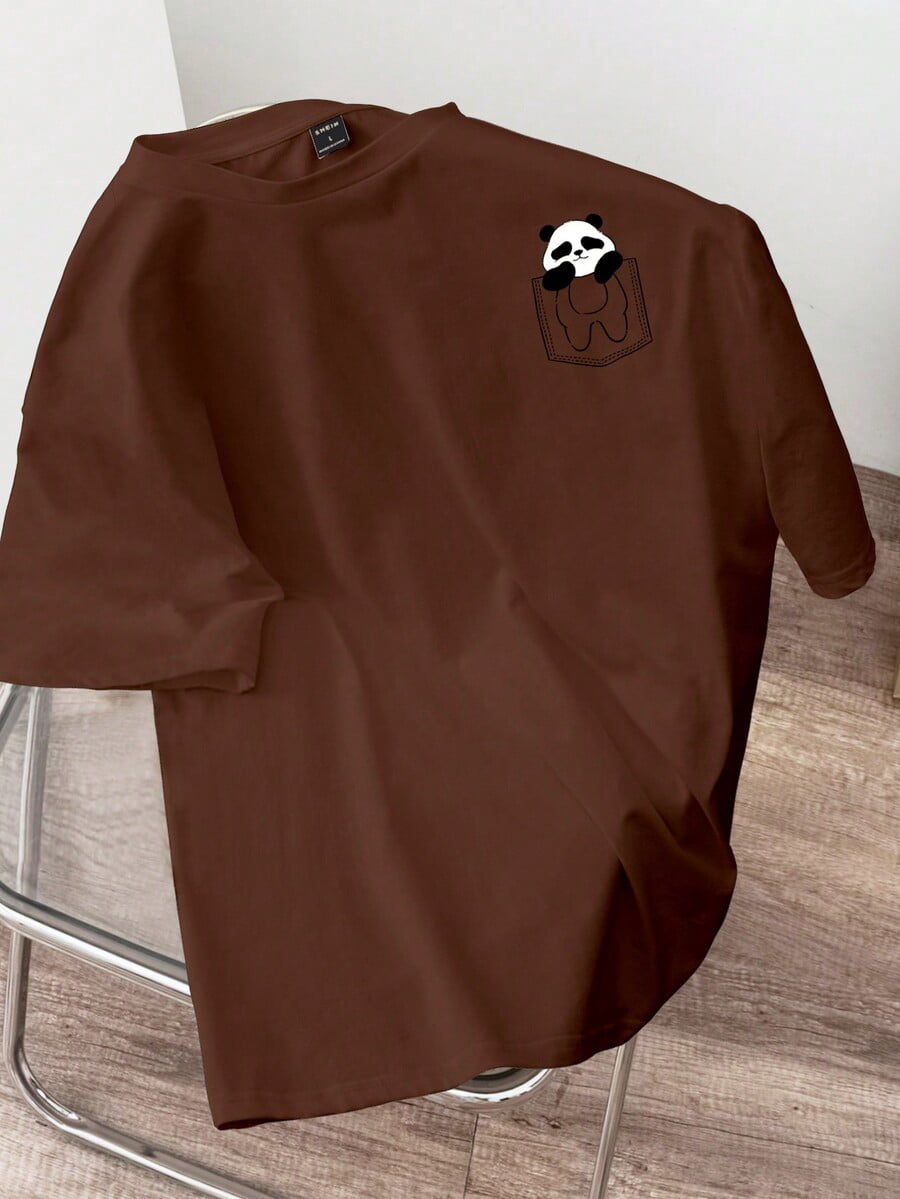 Brown Mens Regular Fit Panda Pocket Print Short Sleeve T-Shirt, Casual ...