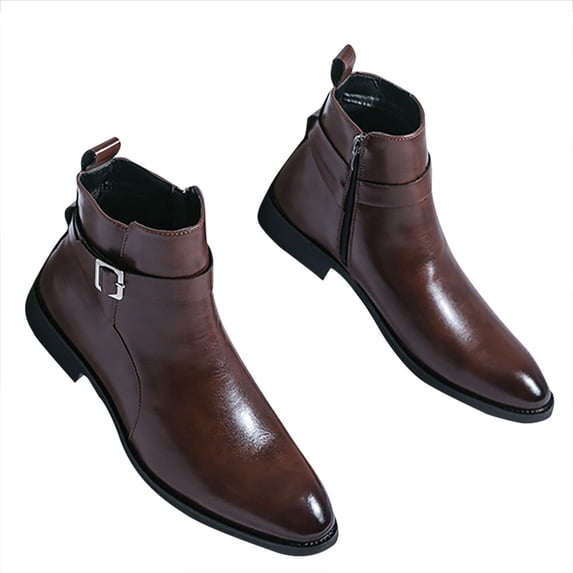Brown Mens Sharp Tip Solid Color Boots Leather Zipper Gaobang British ...