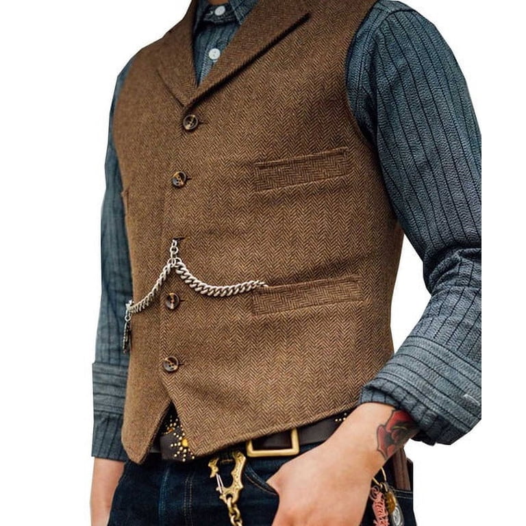 Brown Tweed Vest Wedding HISDERN Men's Brown Wedding Groom Vest