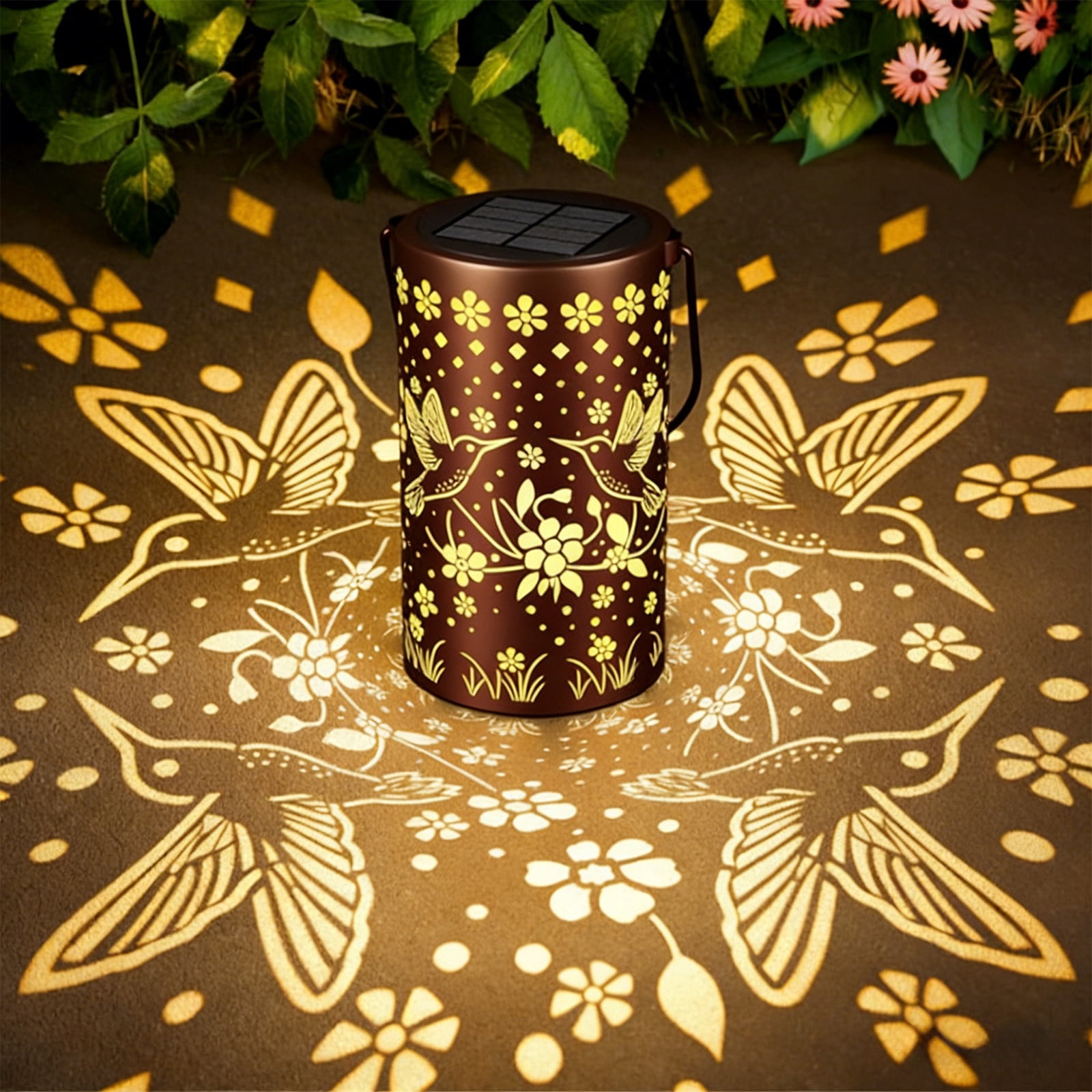 Brown Metal Floral Cutout Solar Hanging Lantern Waterproof Outdoor ...