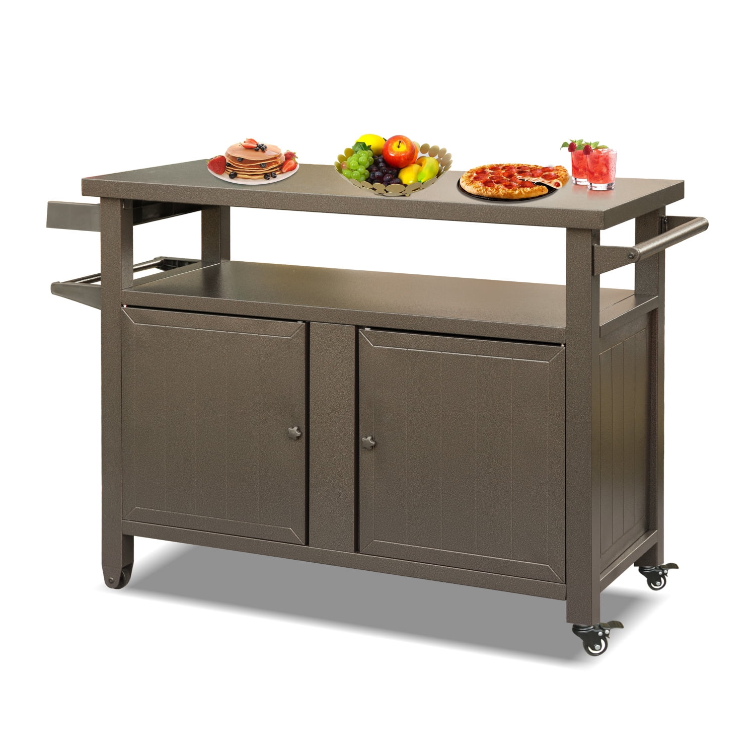 Brown Metal Outdoor Grill Table with Wheels for Patio BBQ Cooking Prep ...