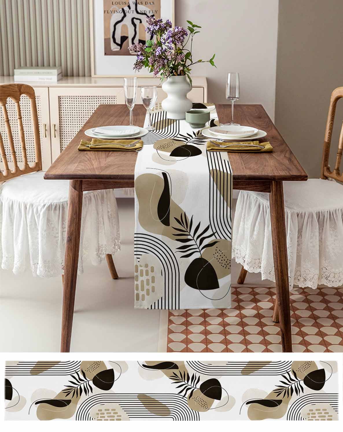 Brown Mid Century Abstract Boho Lines Table Runner 13x36in Non-Slip ...