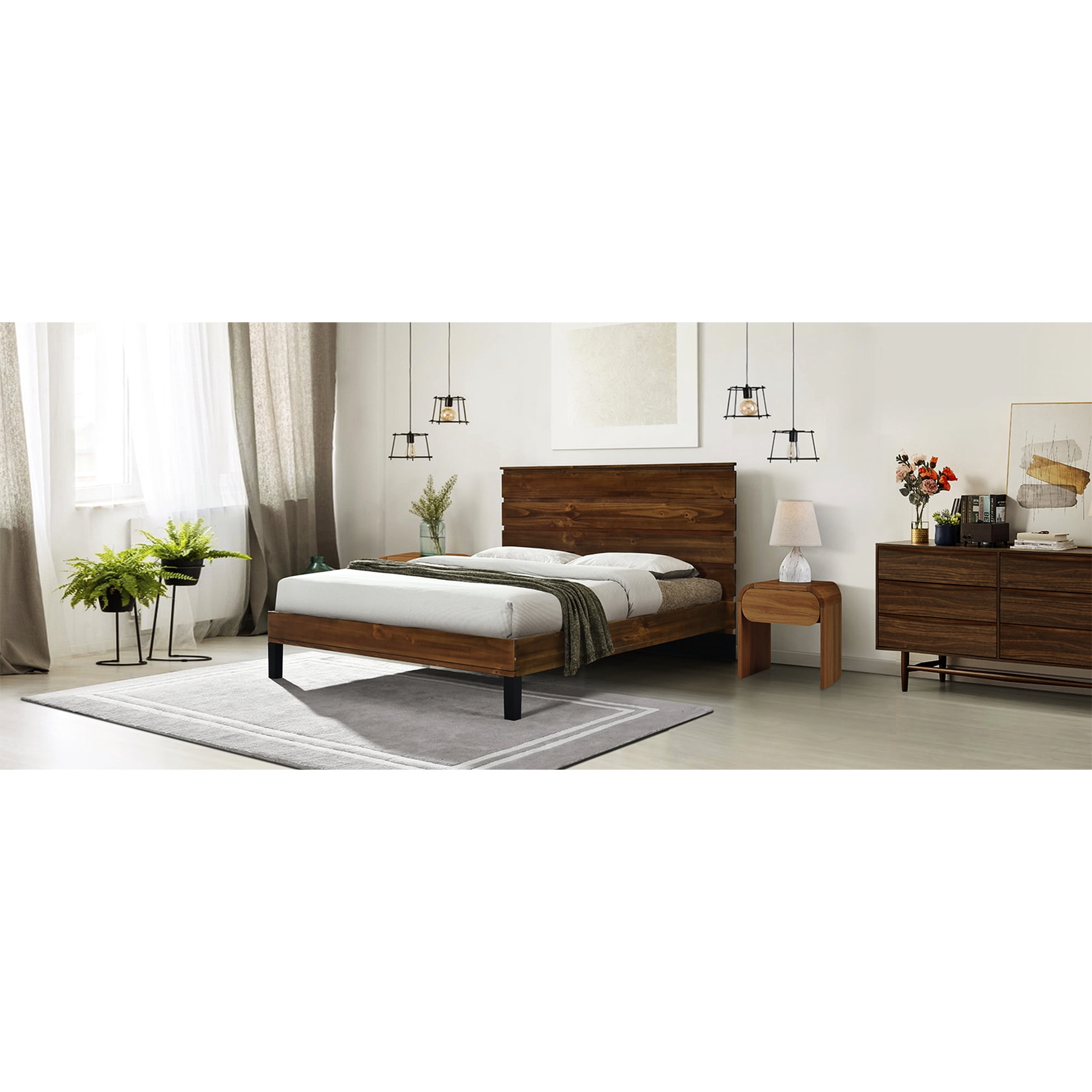 Brown Mid-century Modern Solid Wood Queen Bed With Headboard, No Box ...