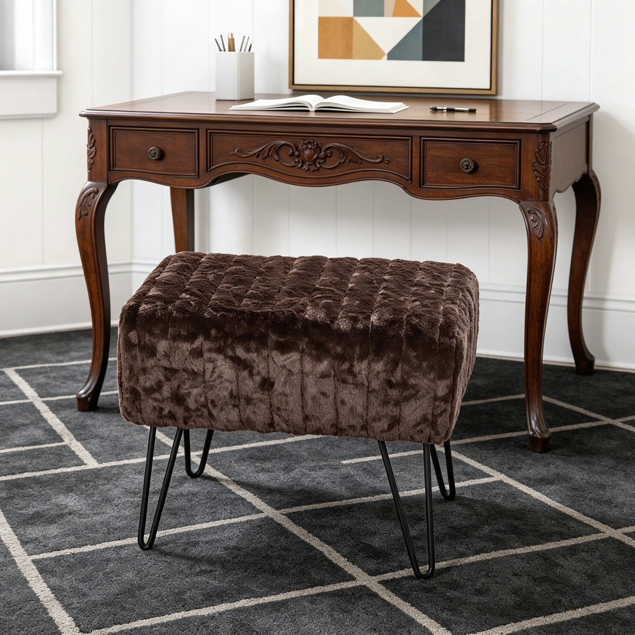 Brown Mink Faux Fur Ottoman, 19.5"x12.5"x17", Entryway Bench, Comfy ...