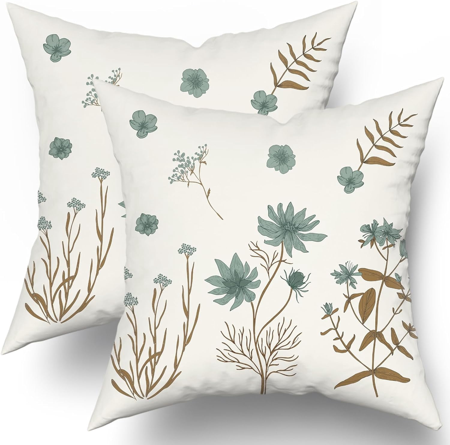 Brown Mint Green Floral Pillow Covers 16x16 Set of 2 Cute Botanical ...