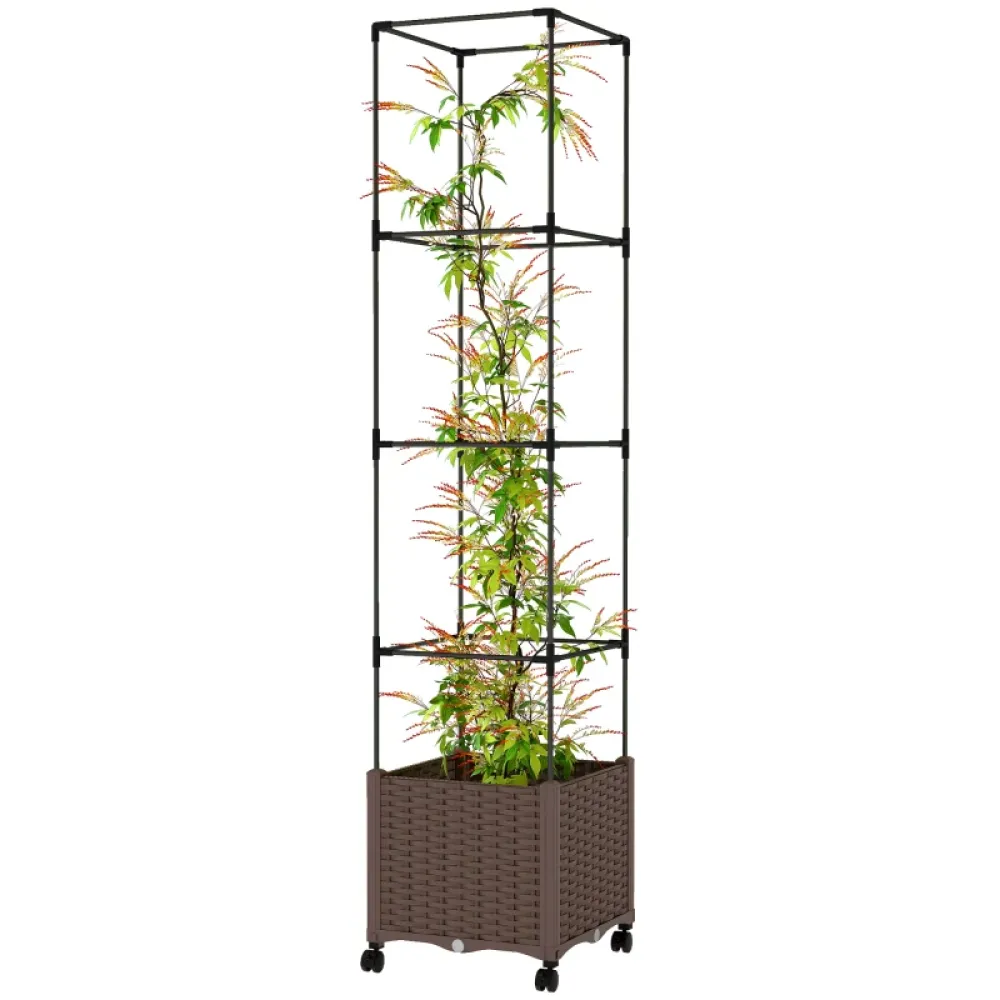 Brown Mobile Raised Garden Bed with Trellis, 15.7"×71.7" Plant Cage ...