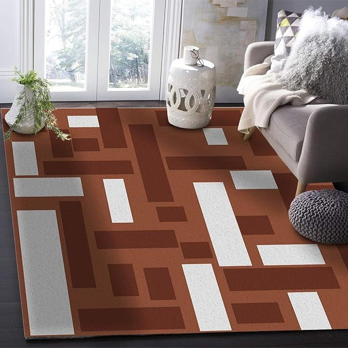 Brown Modern Abstract Art Area Rug, Retro Geometry Home Decor Rug, Easy ...