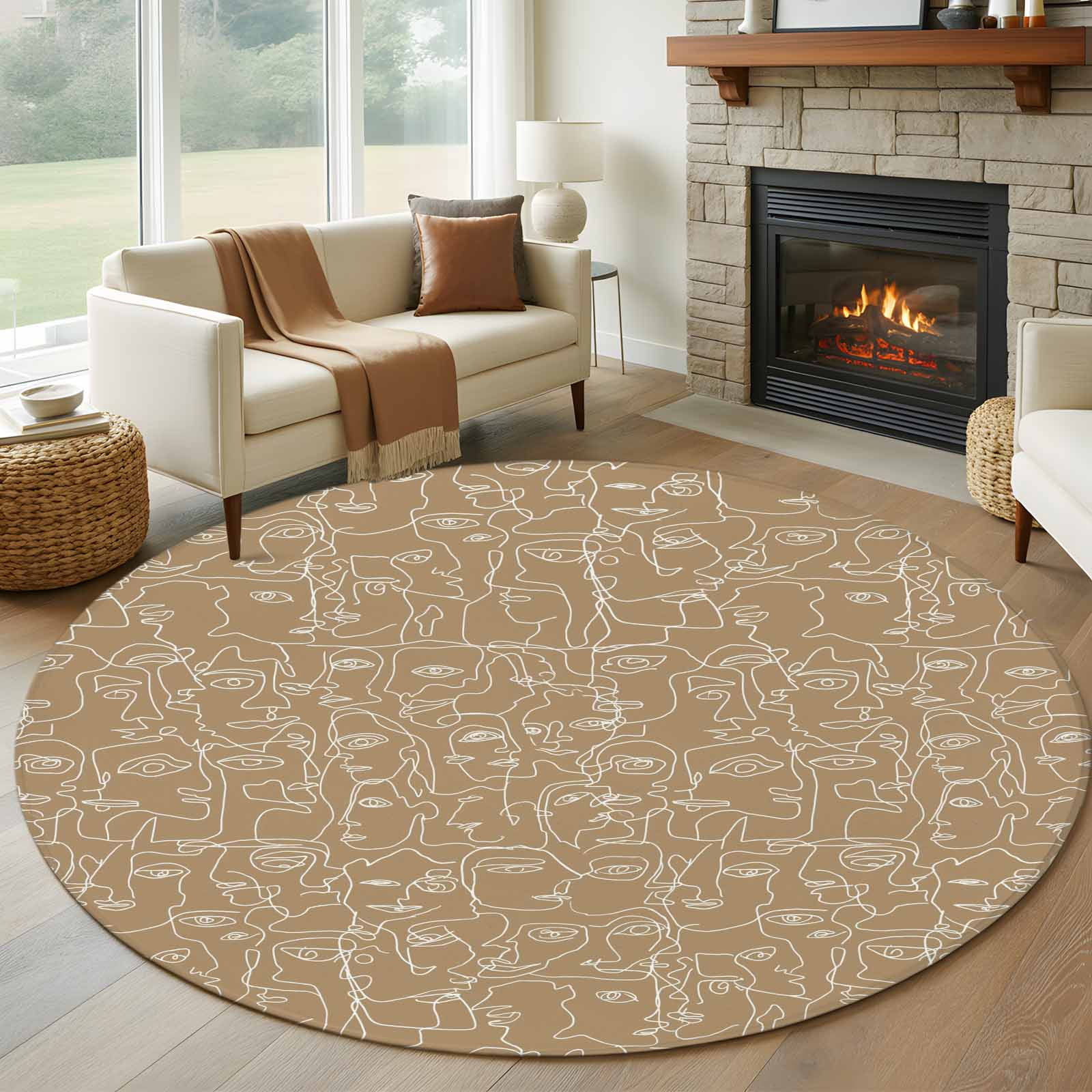 Brown Modern Art 5FT Round Area Rugs for Living Room White Abstract ...