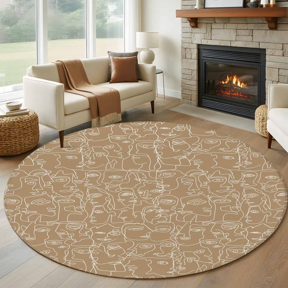 Brown Modern Art 5FT Round Area Rugs for Living Room White Abstract ...
