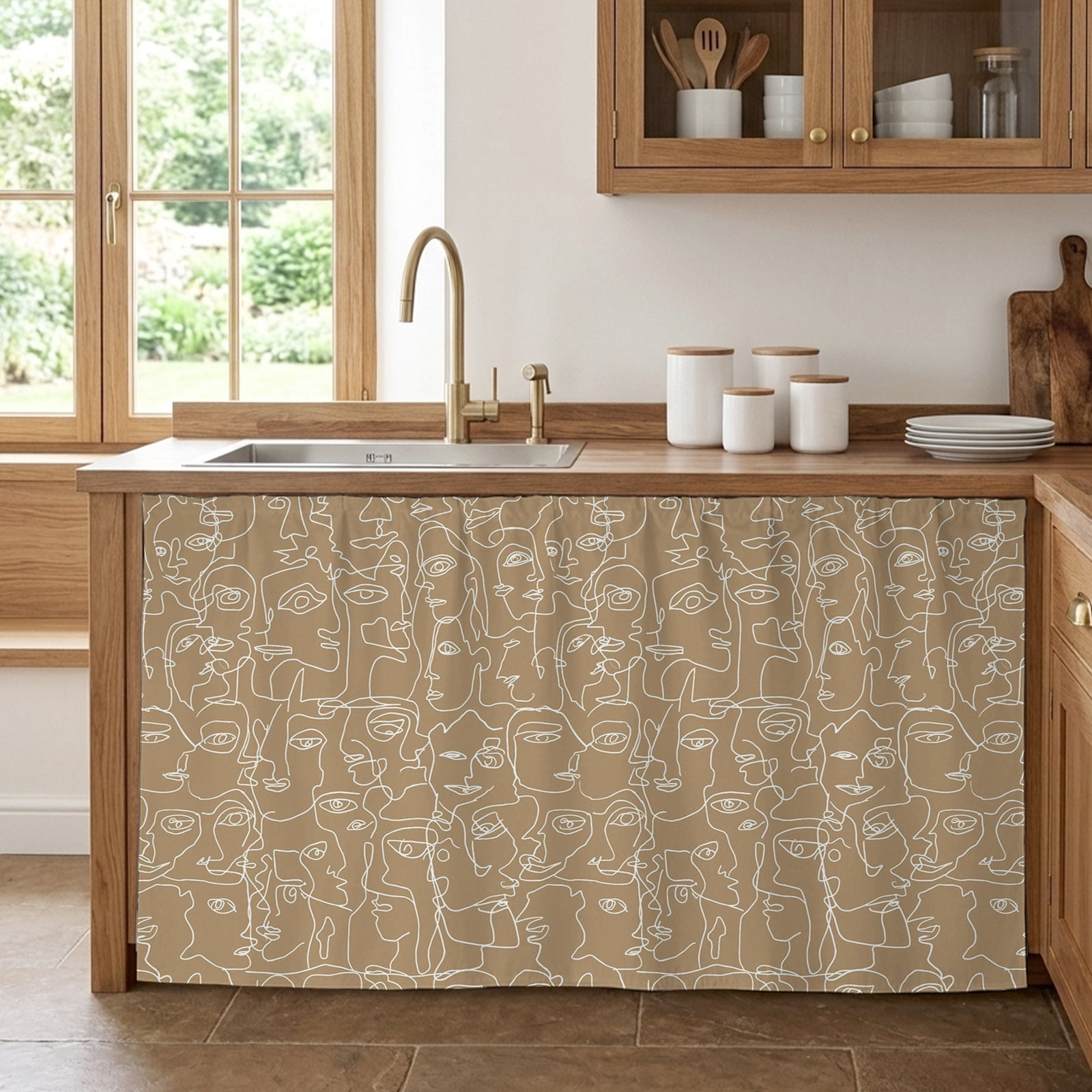 Brown Modern Art Cabinet Curtains 32" W x 55" L White Abstract Line ...