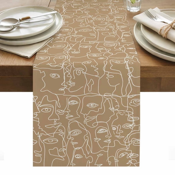 Brown Modern Art Cotton Linen Table Runner White Abstract Line Human ...