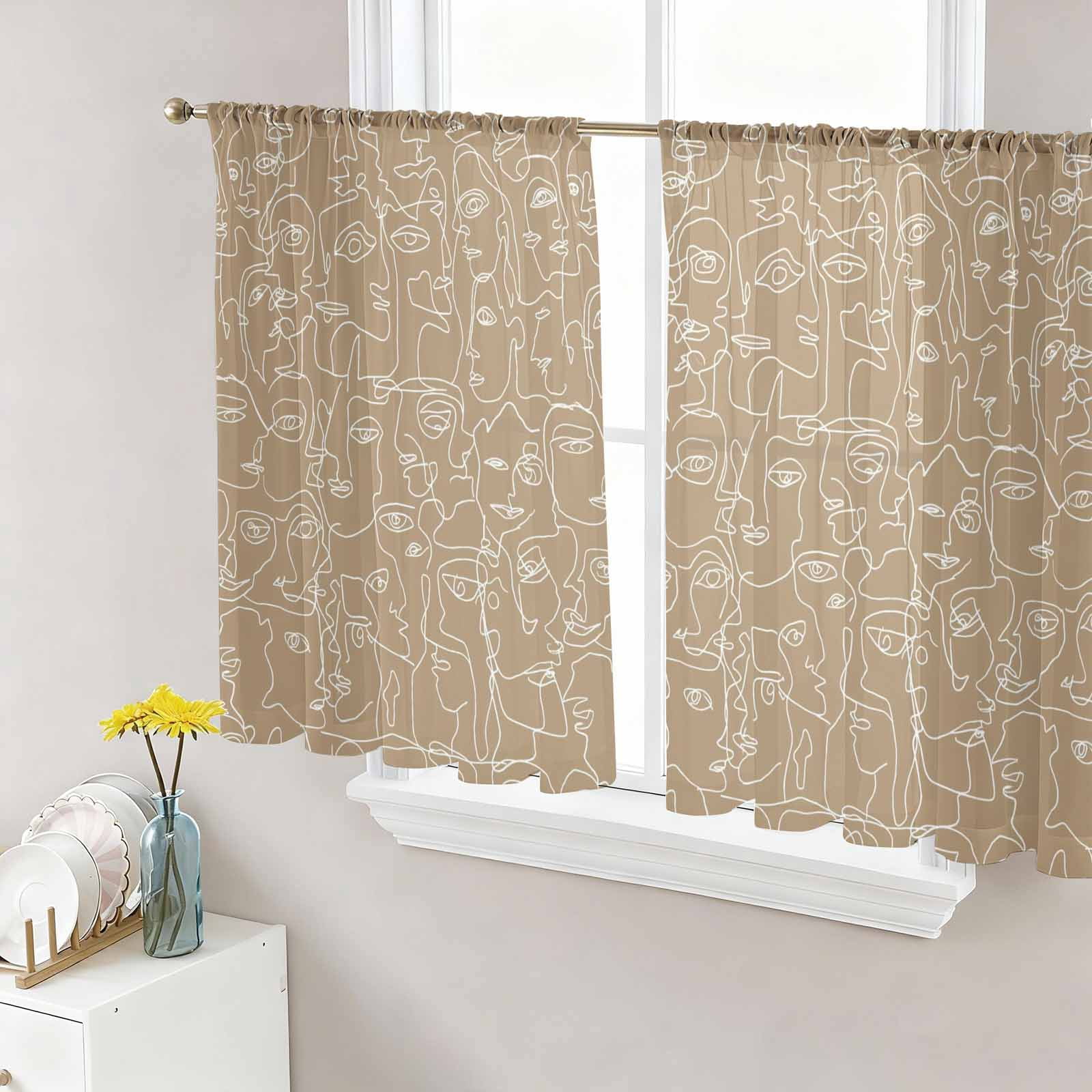 Brown Modern Art Sheer Curtains for Living Room Bedroom, White Abstract ...