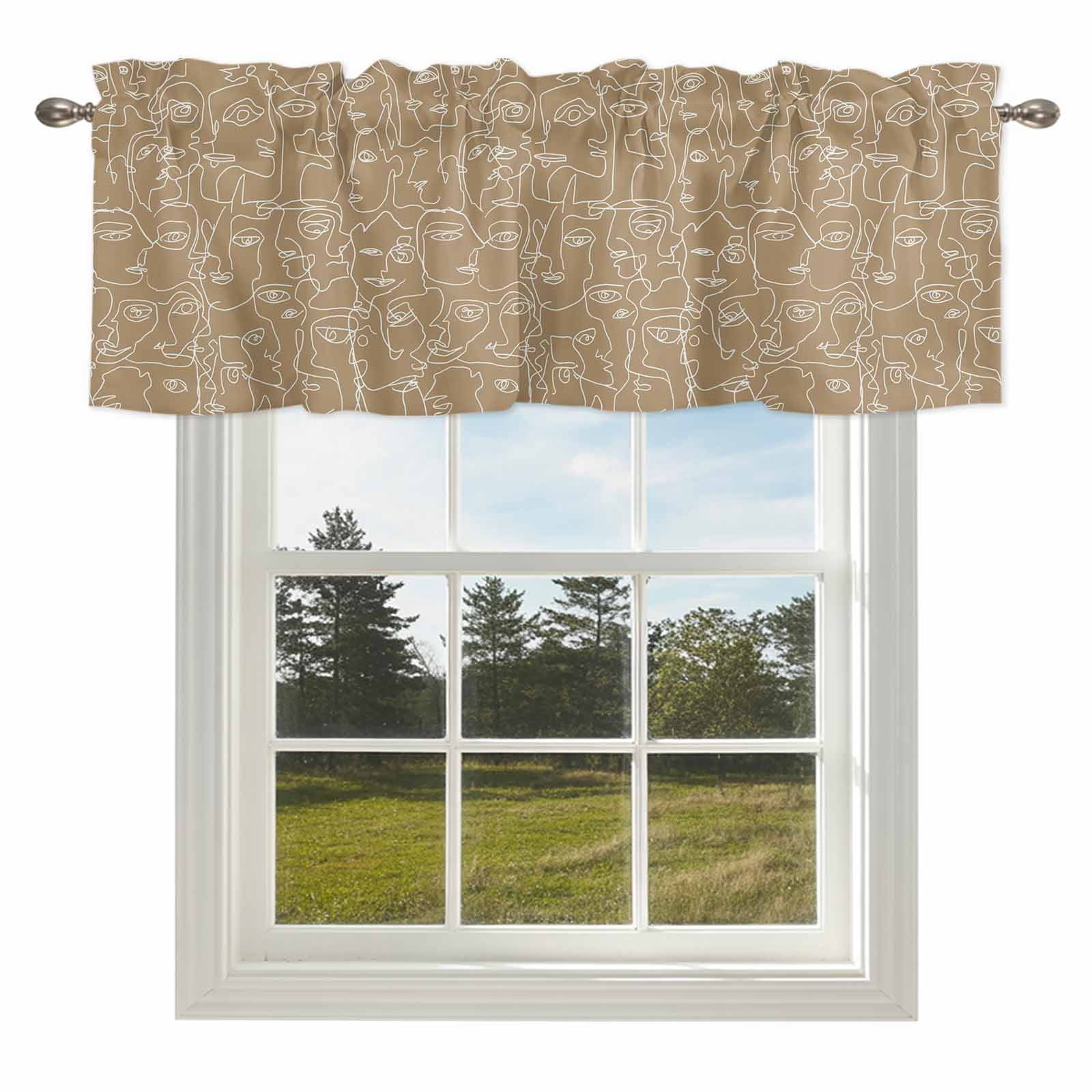 Brown Modern Art Valances for Windows, 42x12in, White Abstract Line ...
