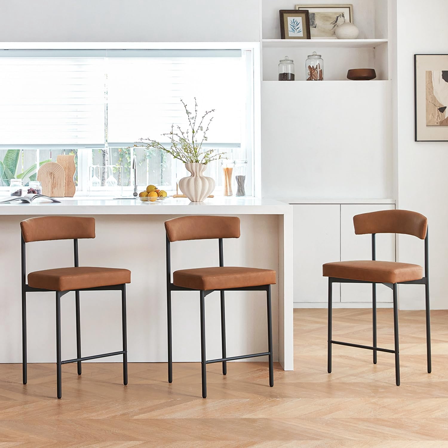 Brown Modern Bar Stools Set of 3, 24 Inch Faux Leather Counter Stools ...