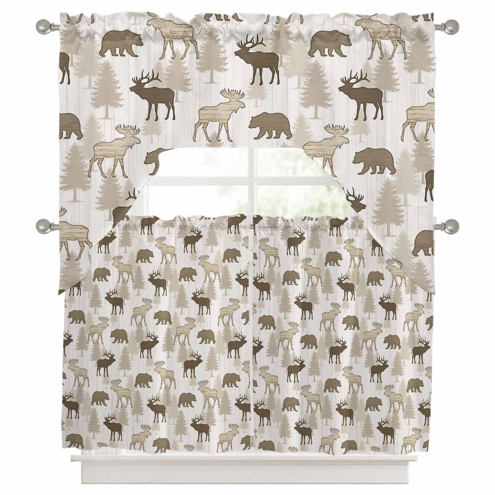 Brown Moose Bears Kitchen Curtains Swag Valance and Tier Curtains Set ...