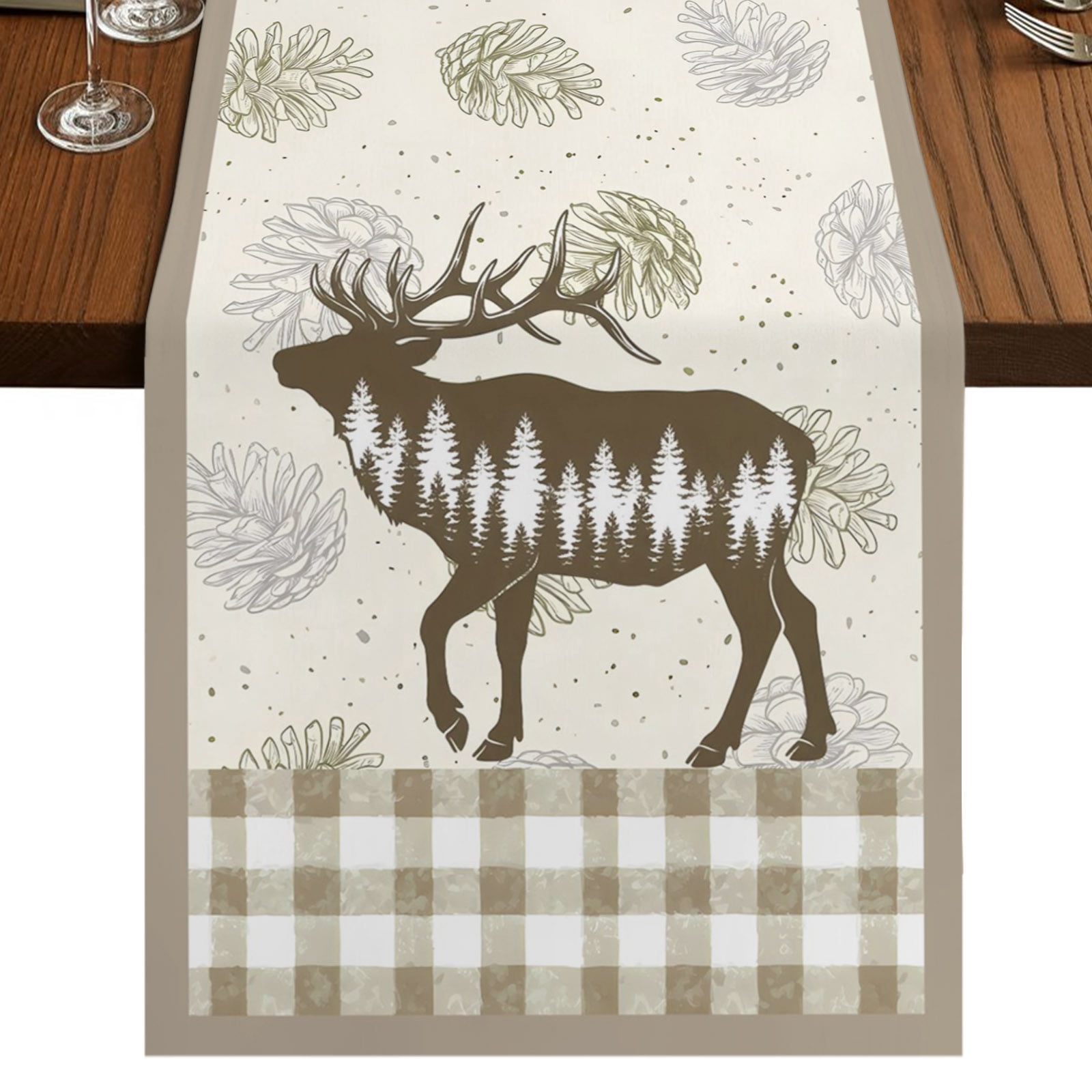 Brown Moose Burlap Cotton Table Runner 13x60 Inches Long, Trees Pine ...