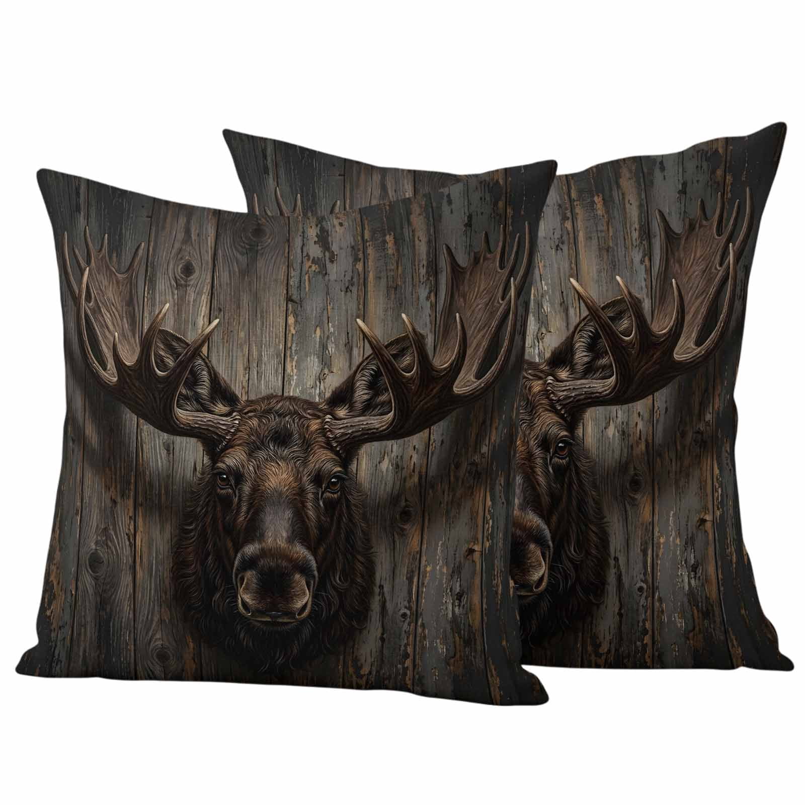 Brown Moose Head Outdoor Waterproof Pillow Covers, Farmhouse Wooden ...