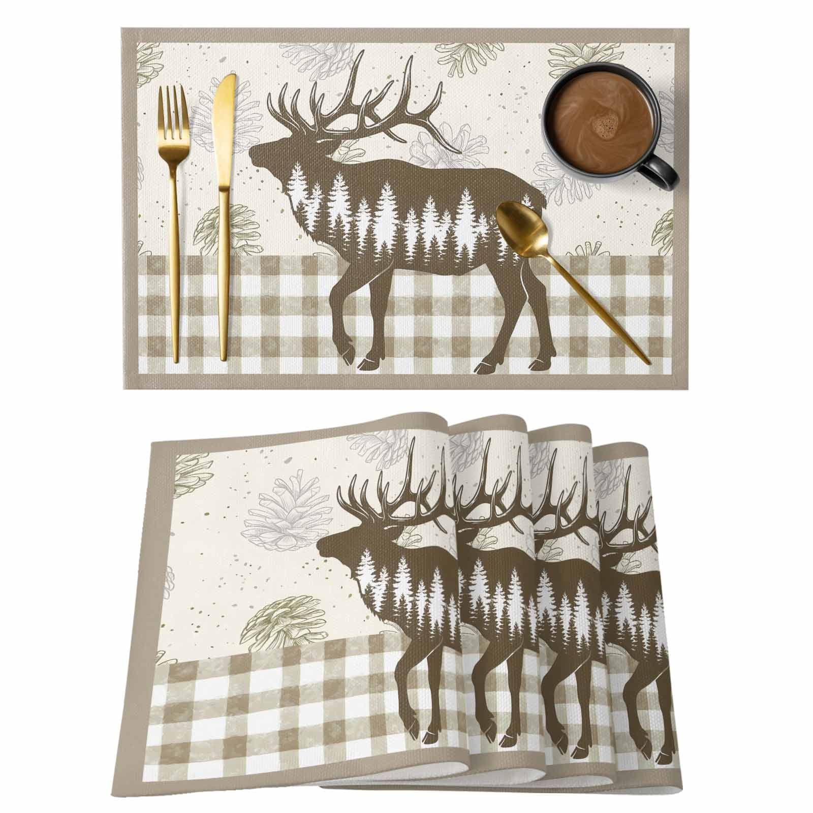 Brown Moose Placemats Set of 6 Trees Pine Cones Elegant Checkered Place ...