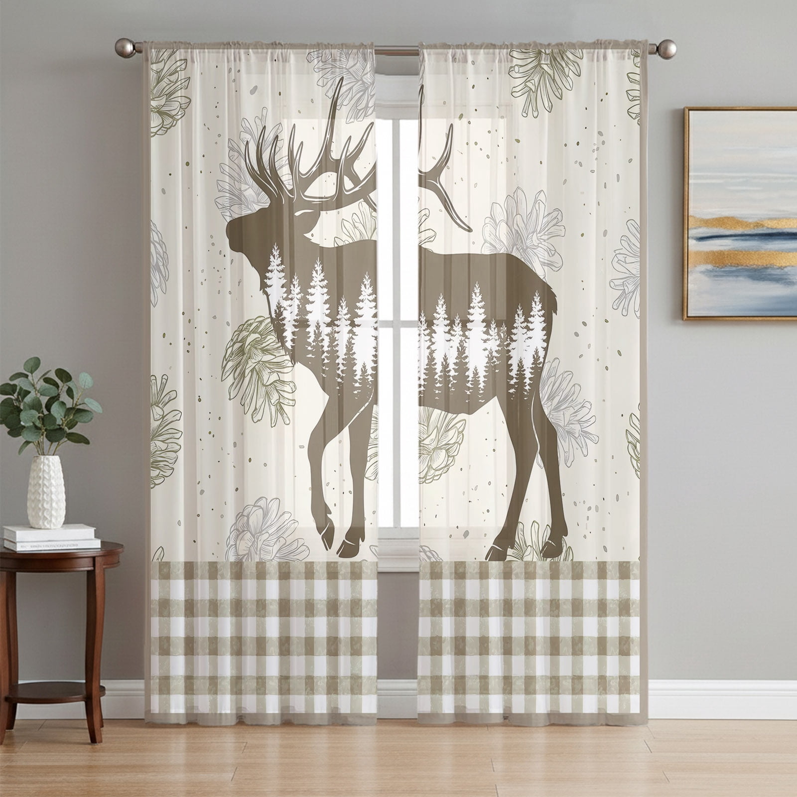 Brown Moose Sheer Curtains for Living Room Bedroom Trees Pine Cones ...