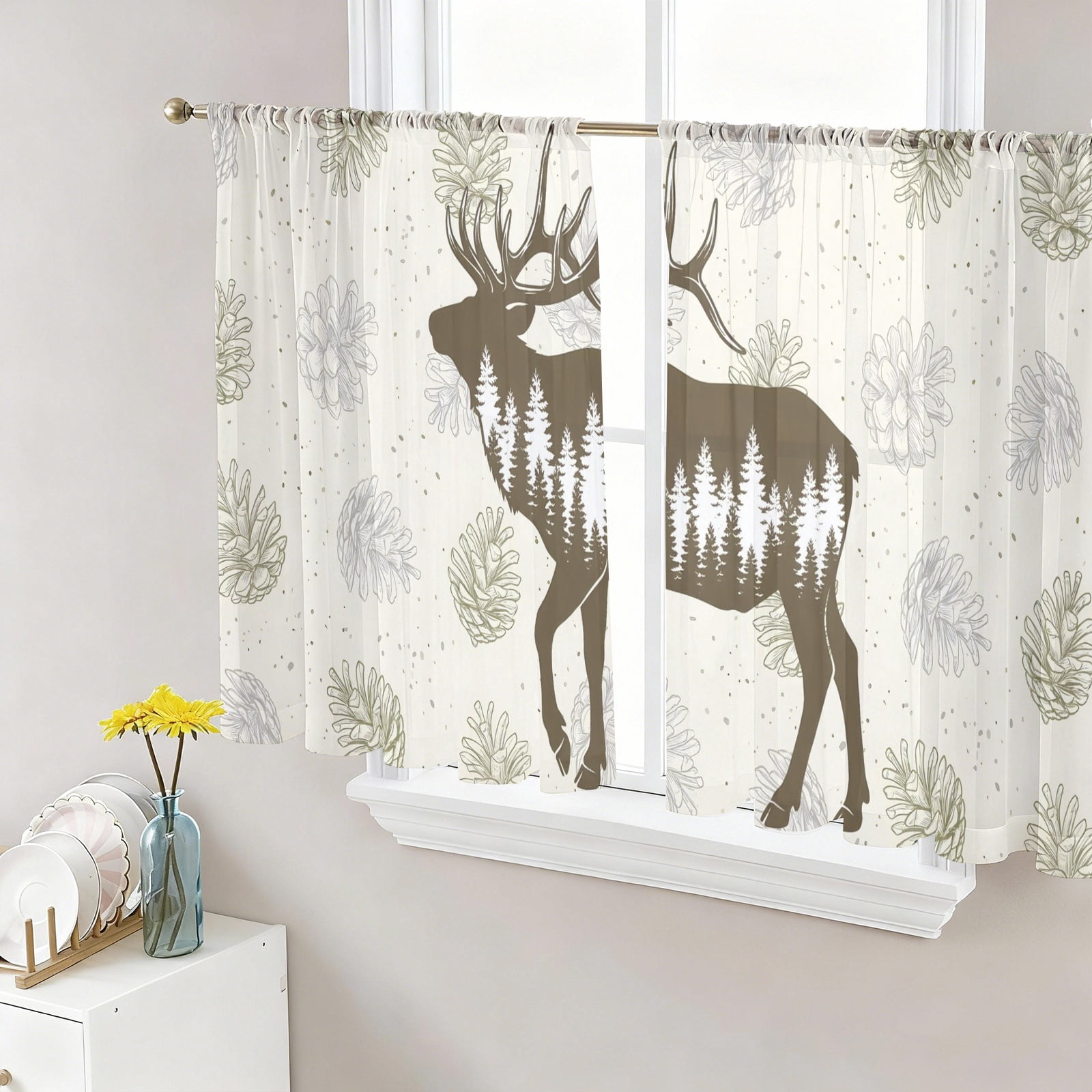 Brown Moose Sheer Curtains for Living Room Bedroom Trees Pine Cones ...