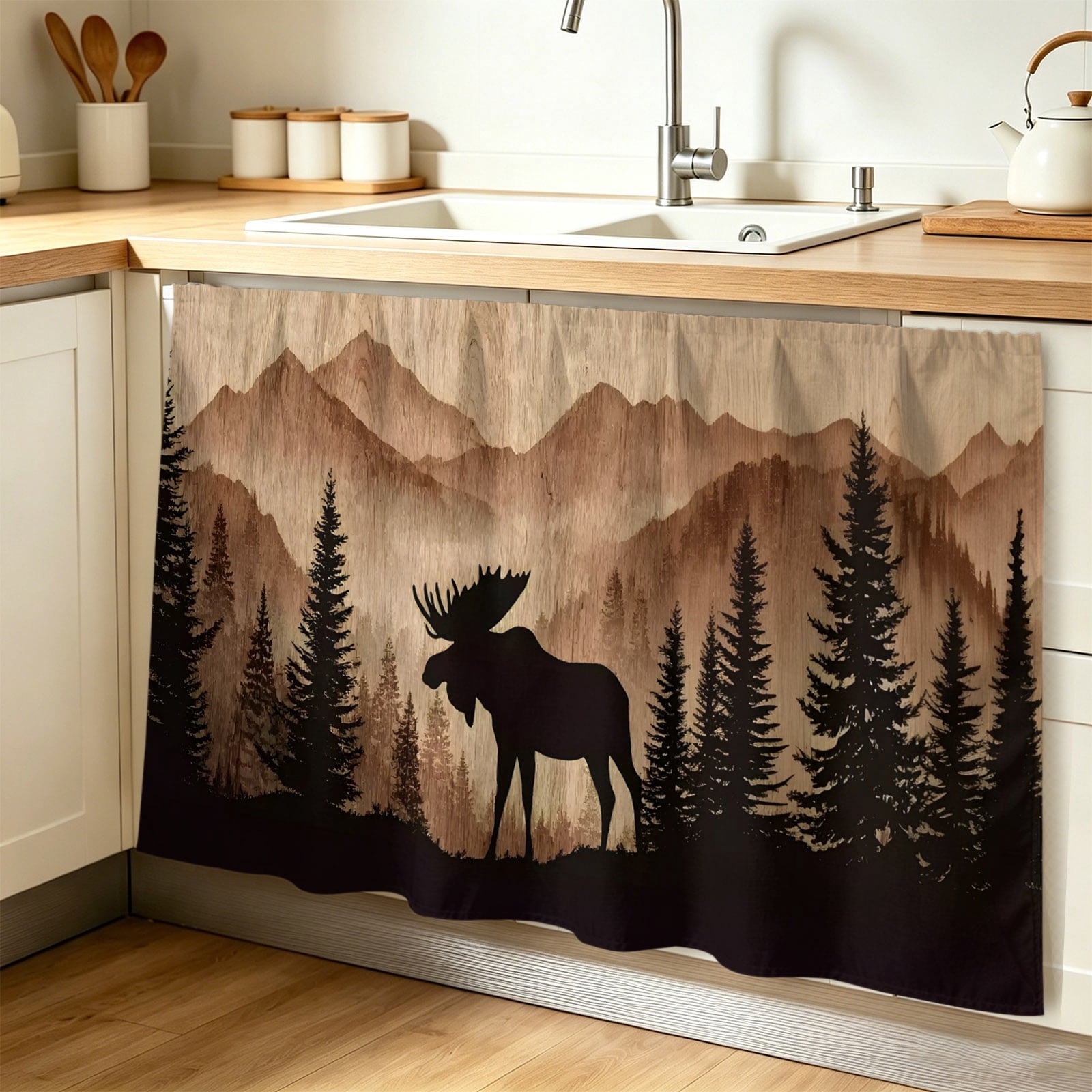 Brown Moose Silhouette Cabinet Curtain 28"W x 51"L, Vintage Nature ...