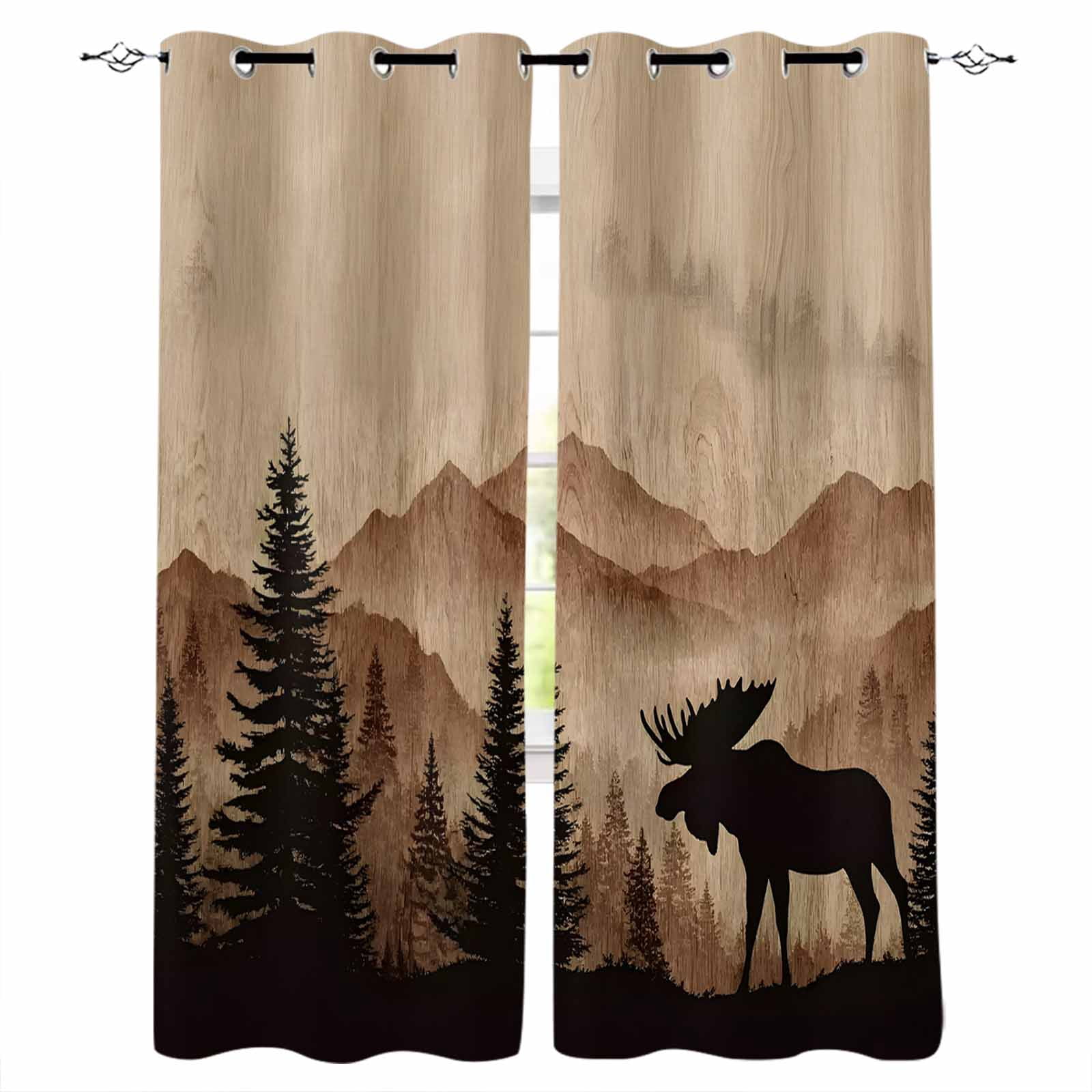 Brown Moose Silhouette Kitchen Curtains Vintage Nature Mountain Cafe ...