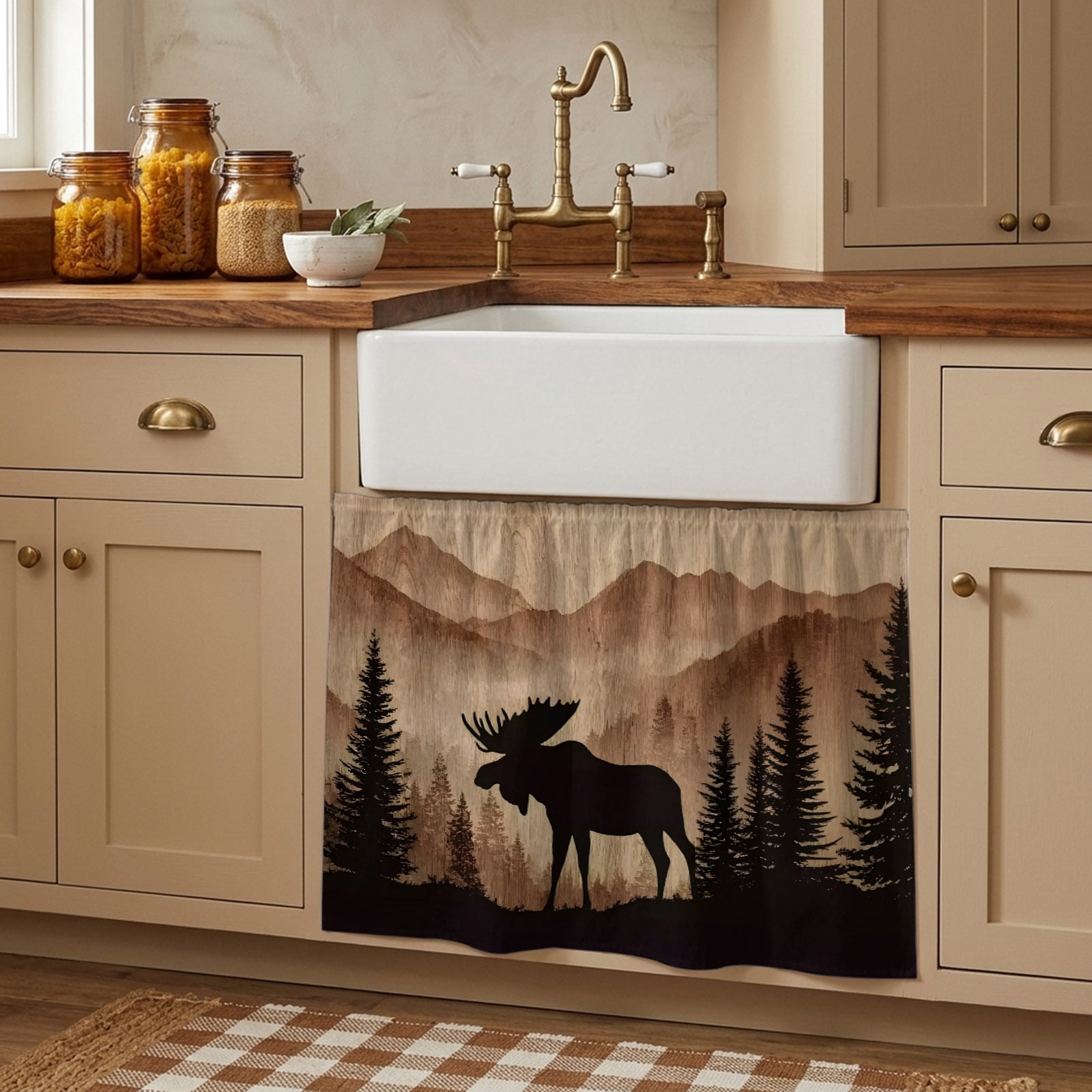 Brown Moose Silhouette Small Cabinet Curtains 11"W x 13"L, Vintage ...