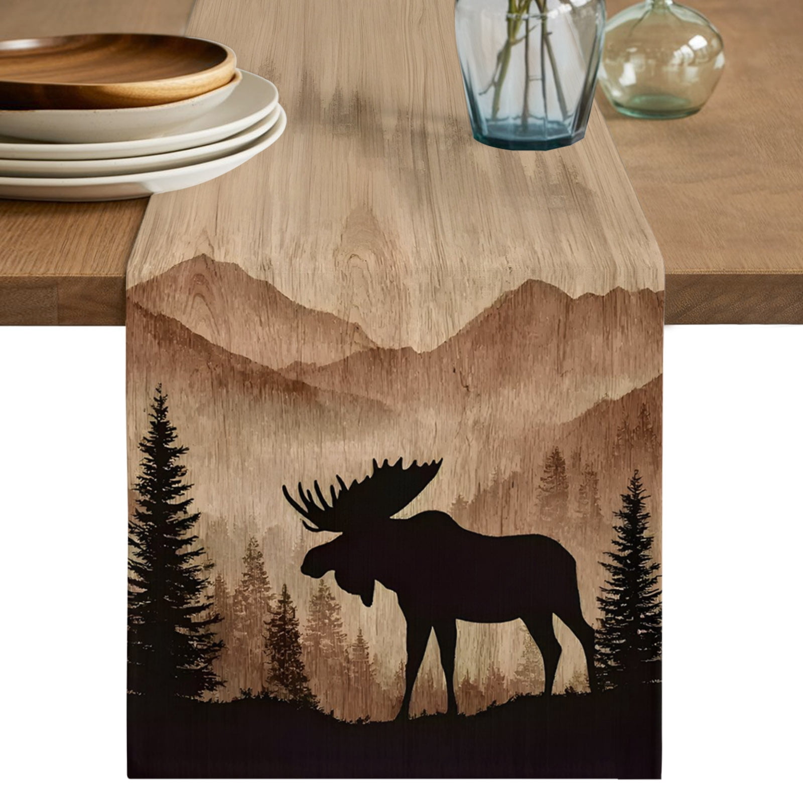 Brown Moose Silhouette Table Runner 70 Inches Long, Vintage Nature ...