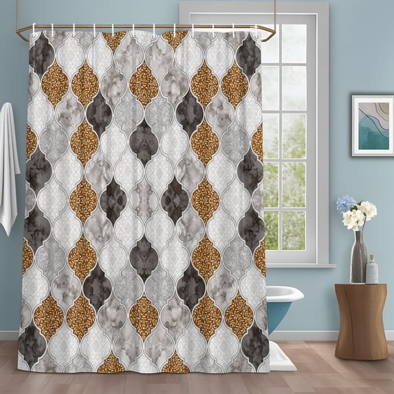 Brown Moroccan Plaid Shower Curtain Set with Hooks, Modern Abstract ...