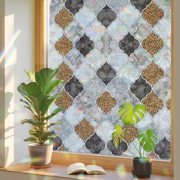 Brown Moroccan Plaid Window Privacy Film, Modern Abstract Exotic ...