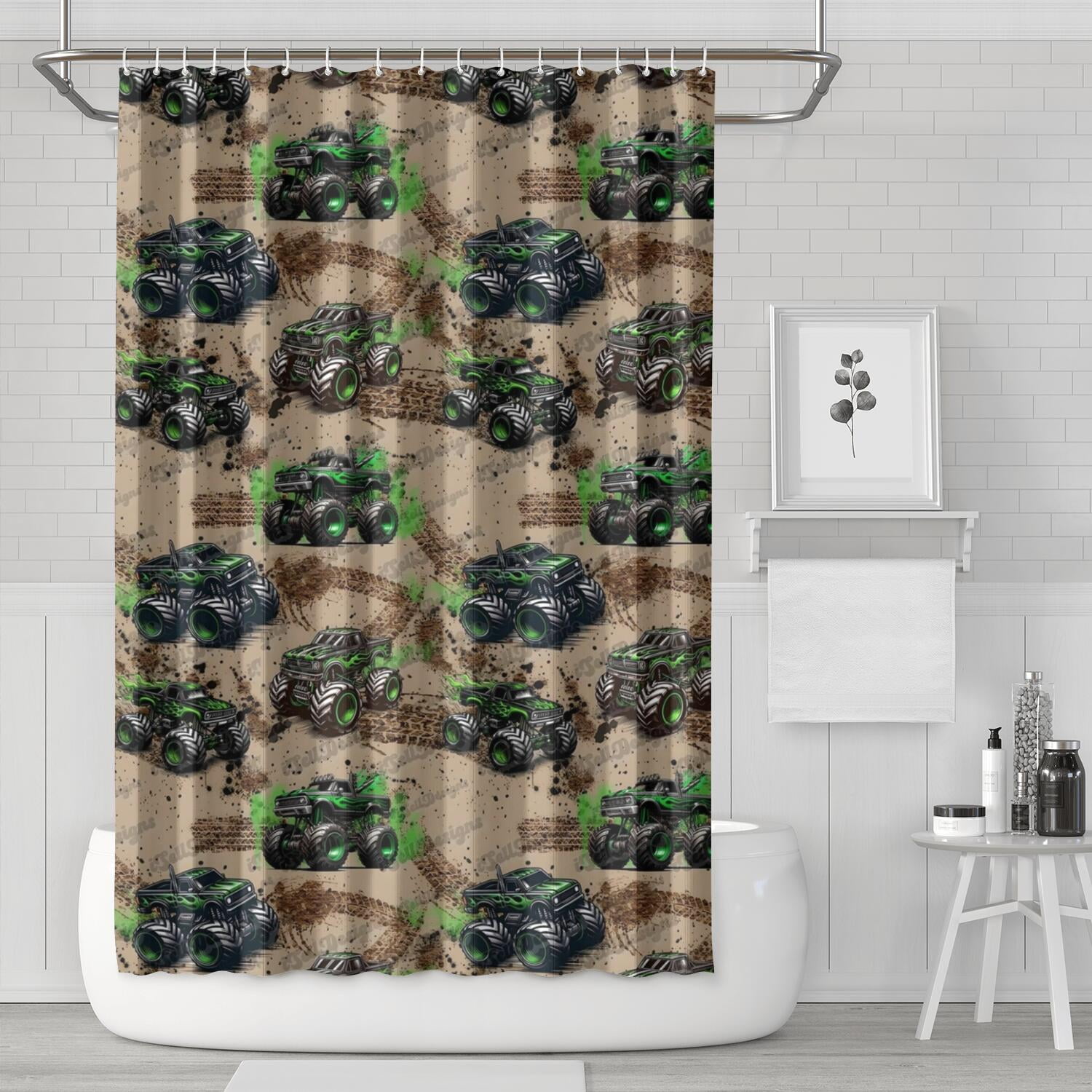 Brown Mud Monster Cartoon Trucks Pattern Shower Curtain 72"x72 ...