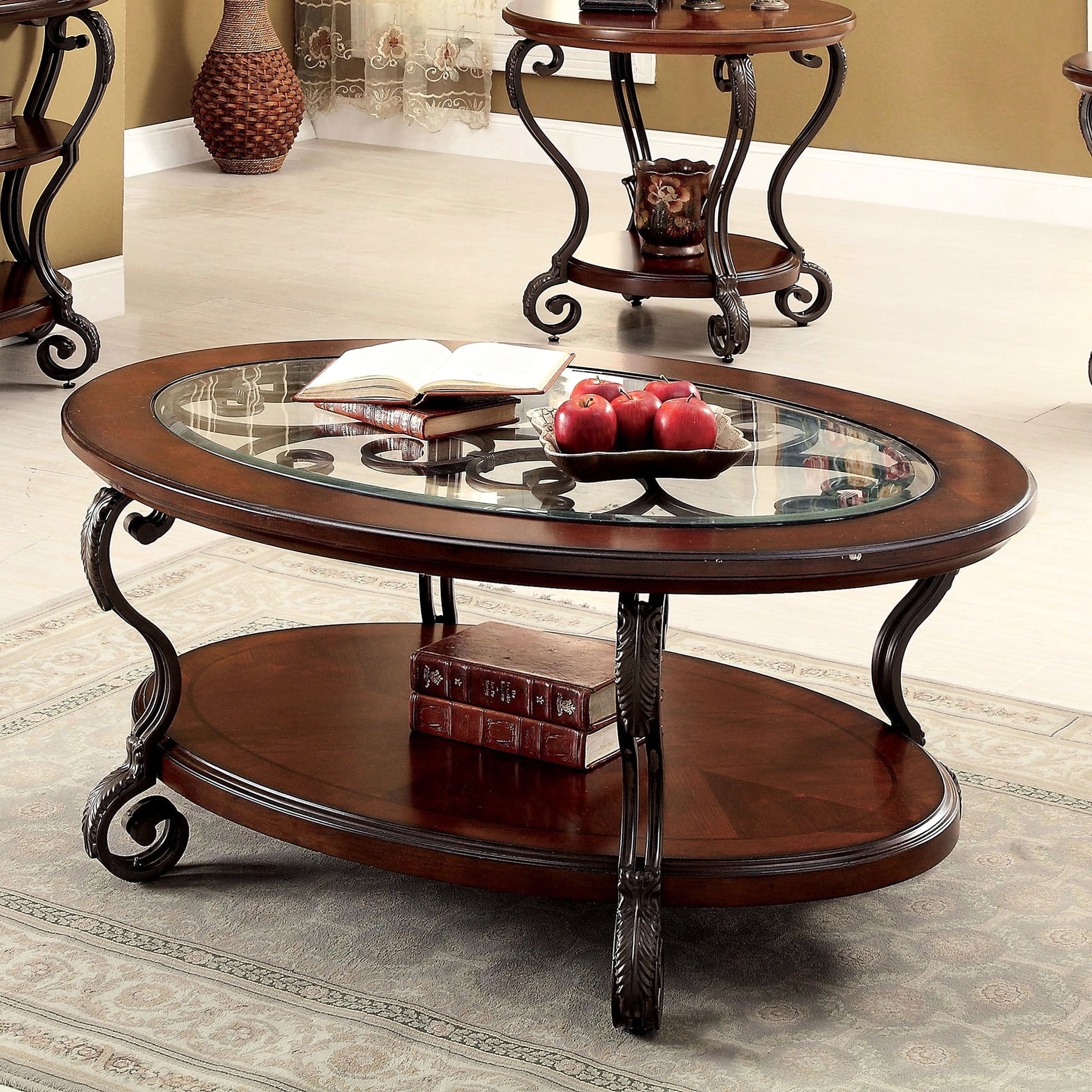 Brown Multi Coffee Table With Ornate Details And Open Bottom Shelf ...