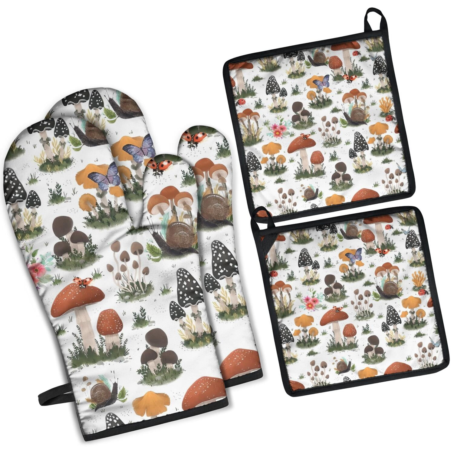 Brown Mushroom Bug White Pattern Kitchen Oven Mitt and Pot Holder Sets ...