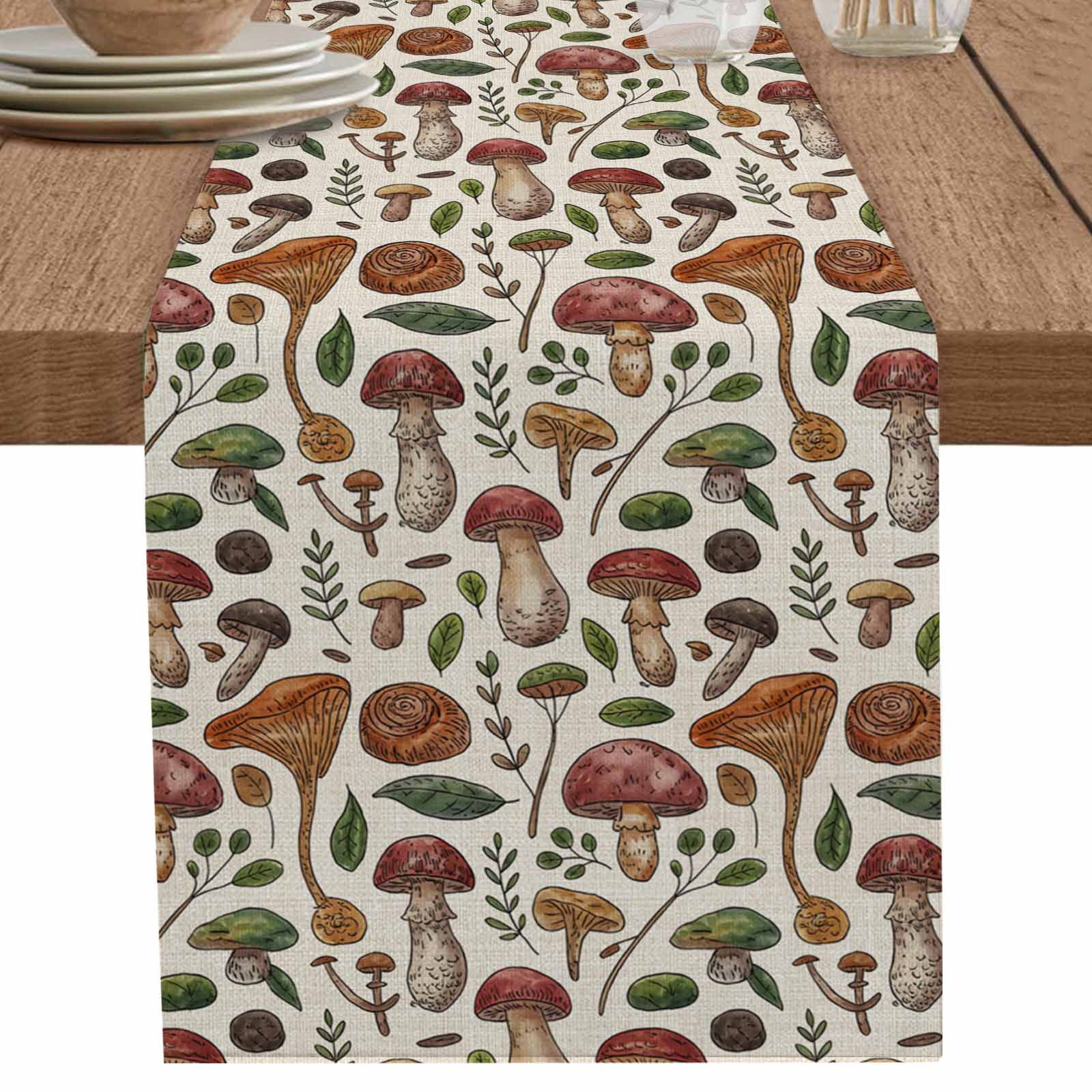 Brown Mushroom Green Leaves on Retro Table Runner-70 Inch Long Summer ...