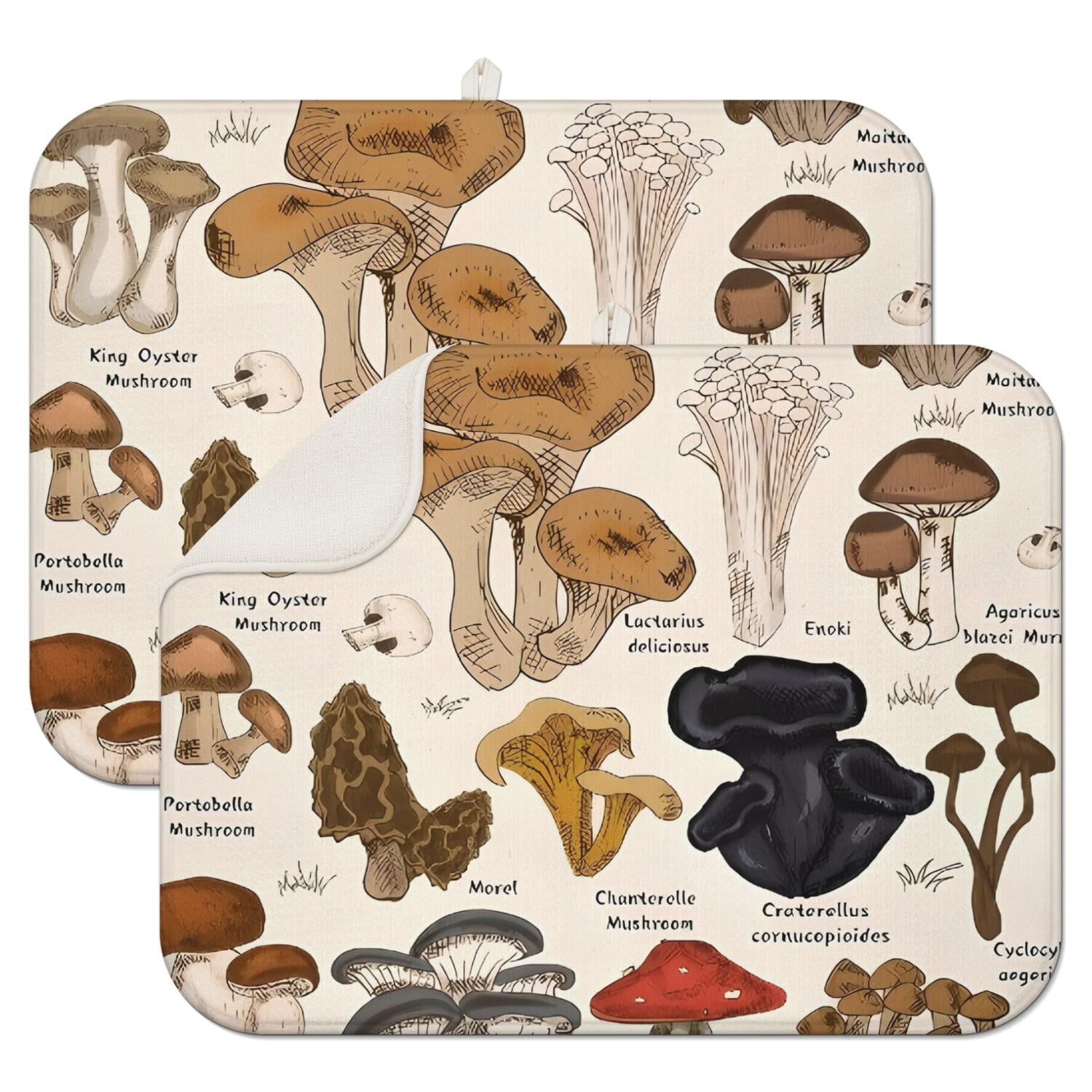 Brown Mushroom Sketch Beige Pattern Dish Drying Mat for Kitchen 1 Pack ...