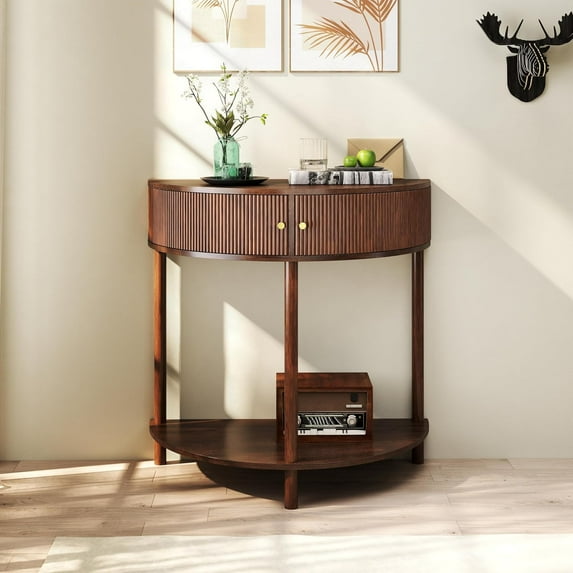 Brown Narrow Half Moon Console Table with 2 Drawers & Storage Shelf ...