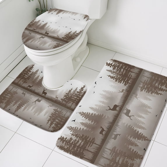 Brown Nature Landscape Bathroom Rugs Set Deer Misty Lake Foggy Forest ...