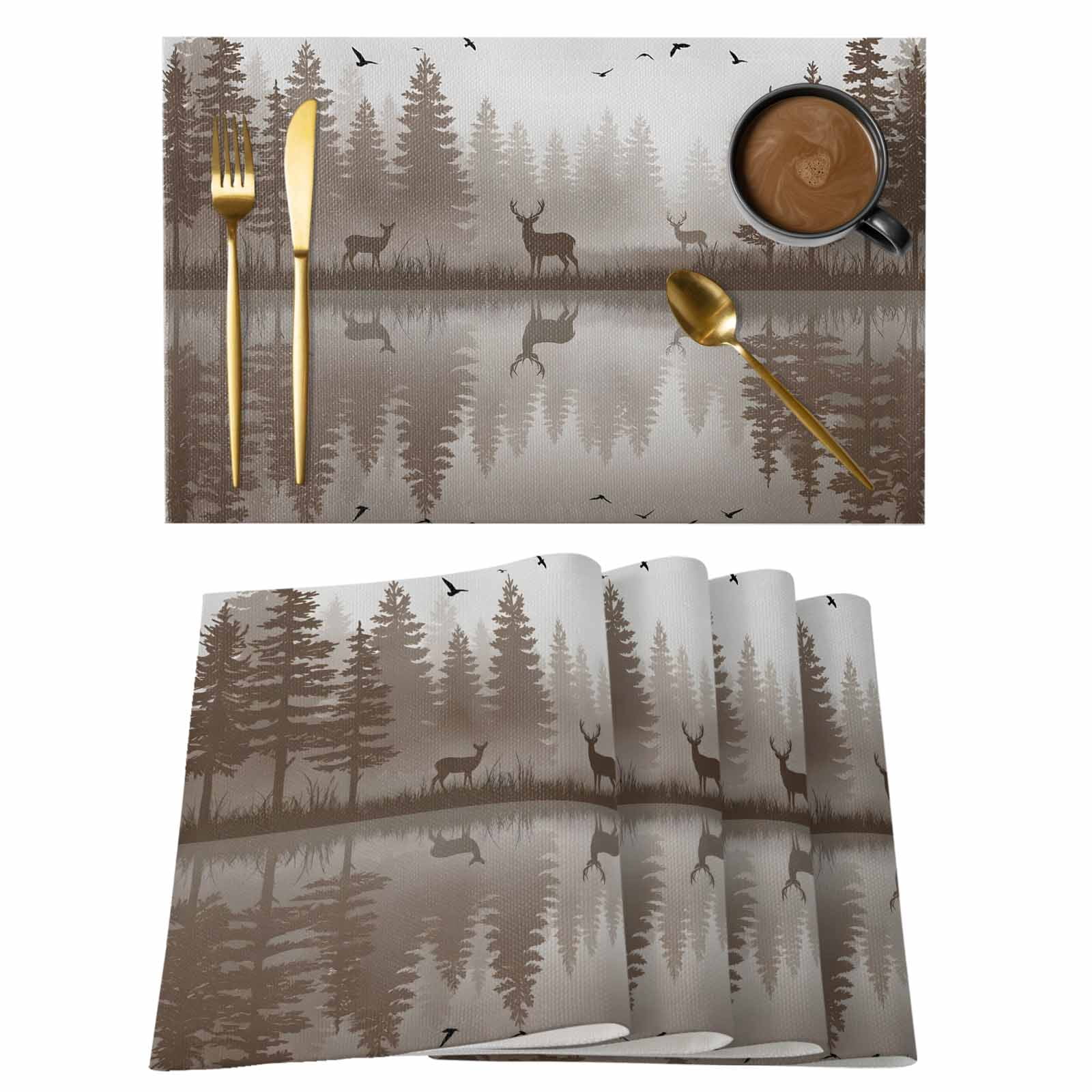 Brown Nature Landscape Cotton Linen Placemats Set of 1, Deer Misty Lake ...