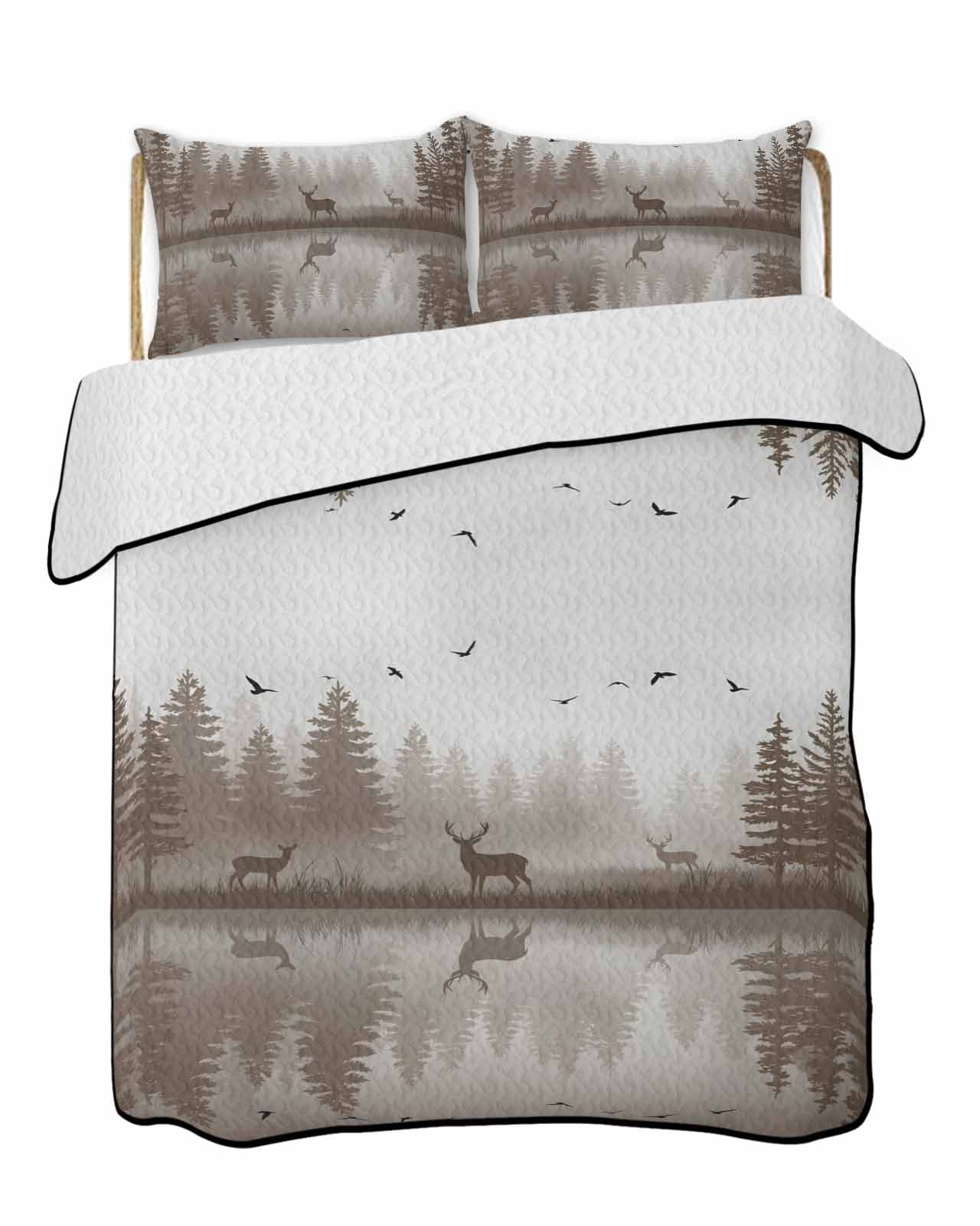 Brown Nature Landscape Quilts Bedding Set Full Size Deer Misty Lake ...