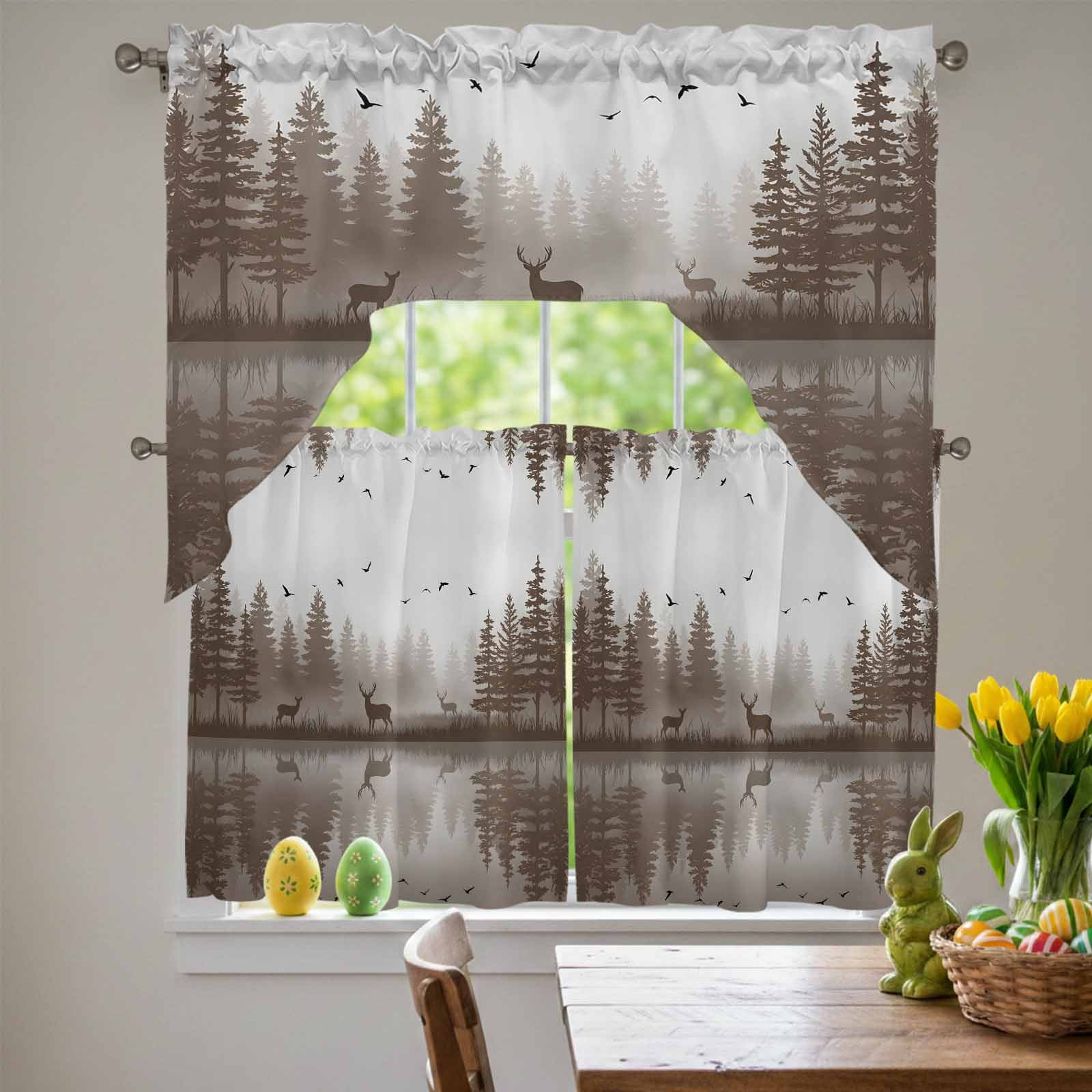 Brown Nature Landscape Swag Curtains Valance & Tier Set, Deer Misty ...