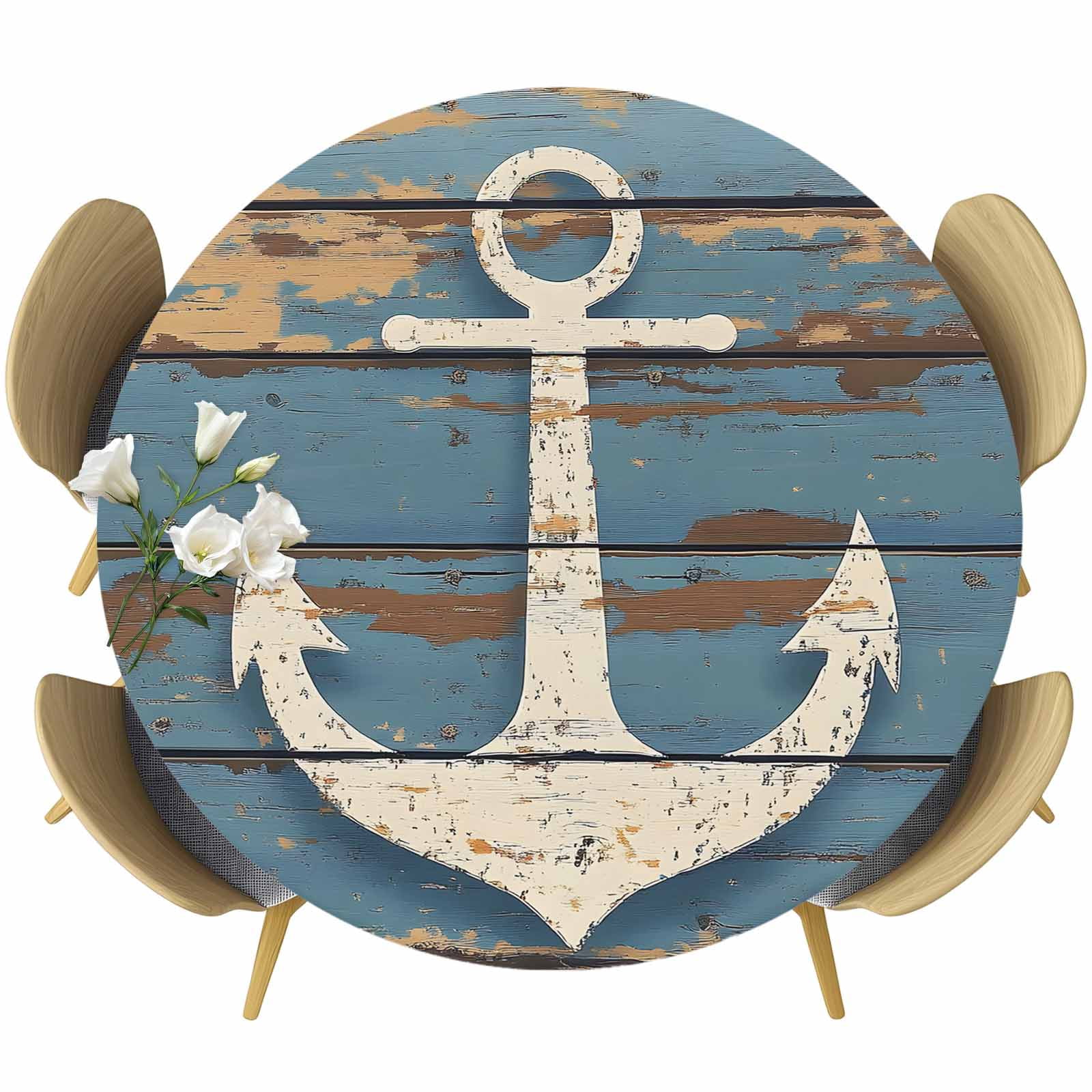 Brown Nautical Anchor Round Tablecloth 55-60 Inch Round Fitted Table ...