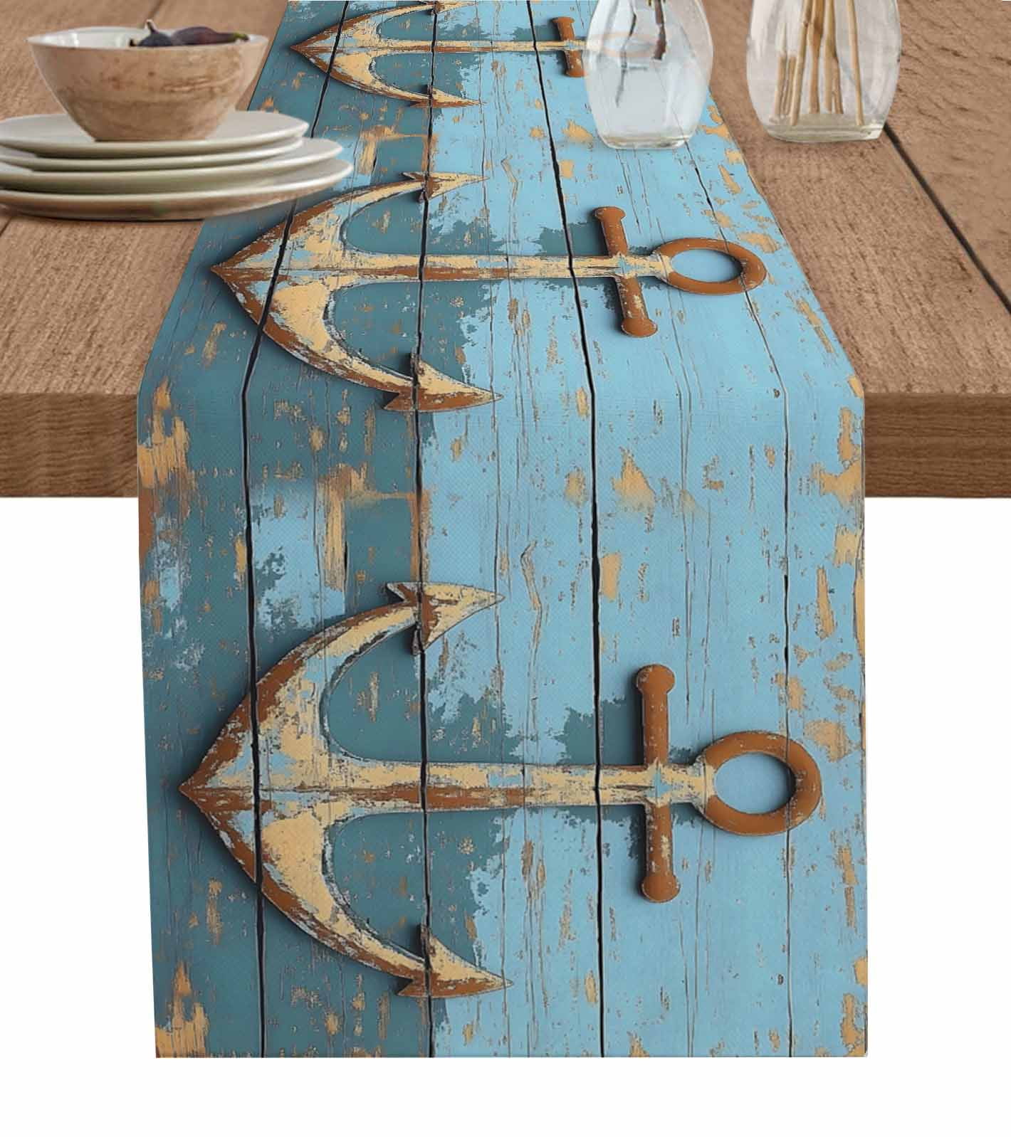 Brown Nautical Anchor Table Runner 72 Inches, Vintage Rustic Blue ...
