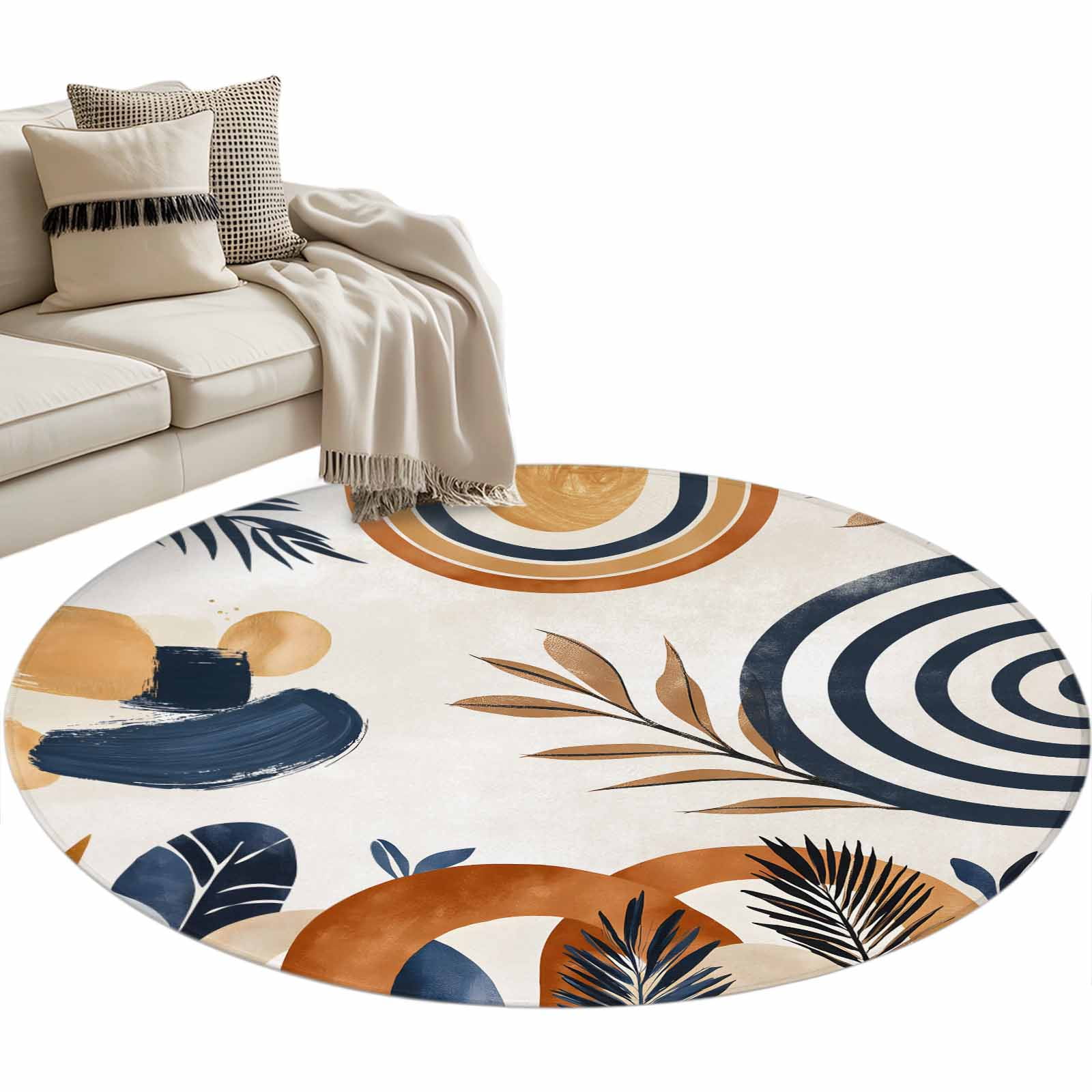 Brown Nave Blue Boho 3ft Area Rug, Modern Geometric Botanical Washable ...