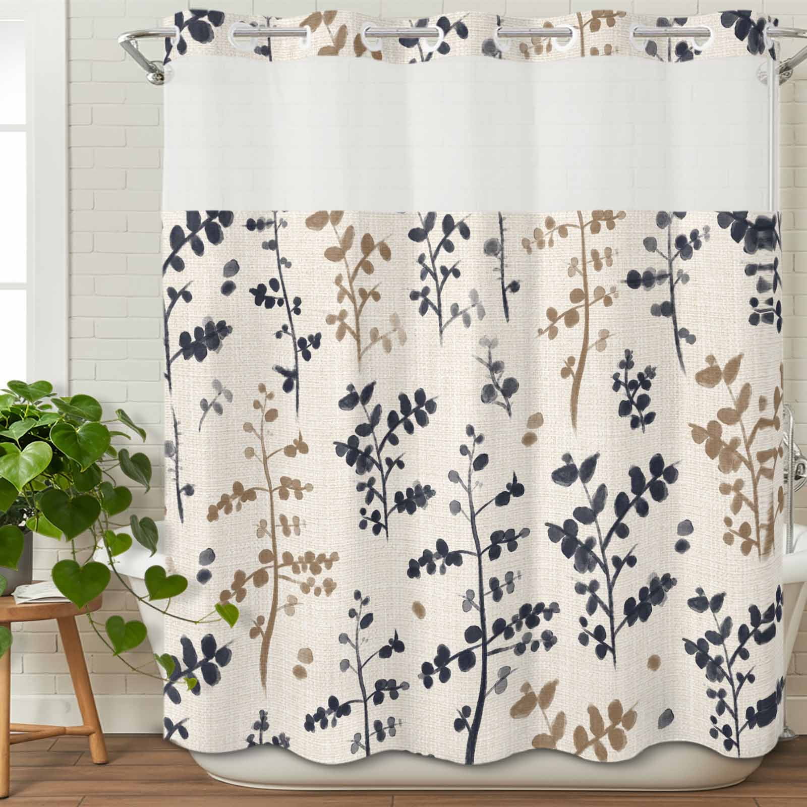 Brown Navy Blue Leaves on Vintage Linen No Hook Shower Curtain with ...