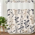 Brown Navy Blue Leaves on Vintage Linen No Hook Shower Curtain with ...