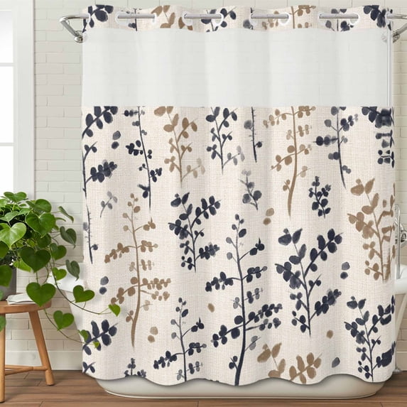 Brown Navy Blue Leaves on Vintage Linen No Hook Shower Curtain with ...