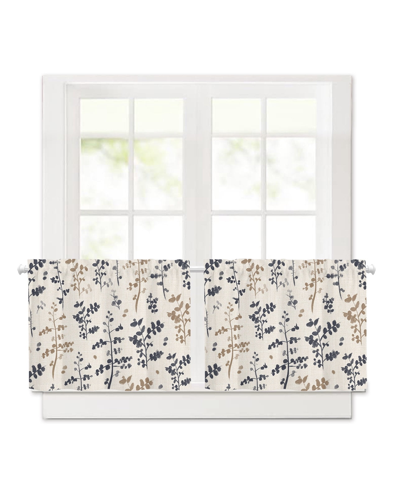 Brown Navy Blue Leaves on Vintage Linen Short Blackout Curtains 24 Inch ...